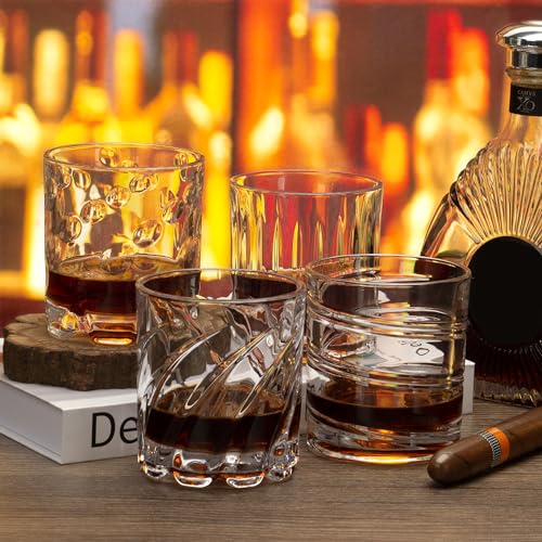 Whiskey Glasses, Spinning Bourbon Glass Set 4, Rocks Scotch Whisky Cognac Rum Cocktail Tasting Old Fashioned Glass, Personalized Men Ideas Unique Gifts, 4 Style 250 ml