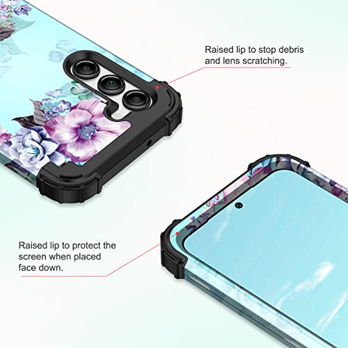 Casetego Compatible with Galaxy S23 5G Case,Floral Shockproof Three Layer Heavy Duty Protective[2 Pcs Tempered Screen Protector+2 Pcs Camera Lens Protector] Case for Samsung Galaxy S23,Blue Flower