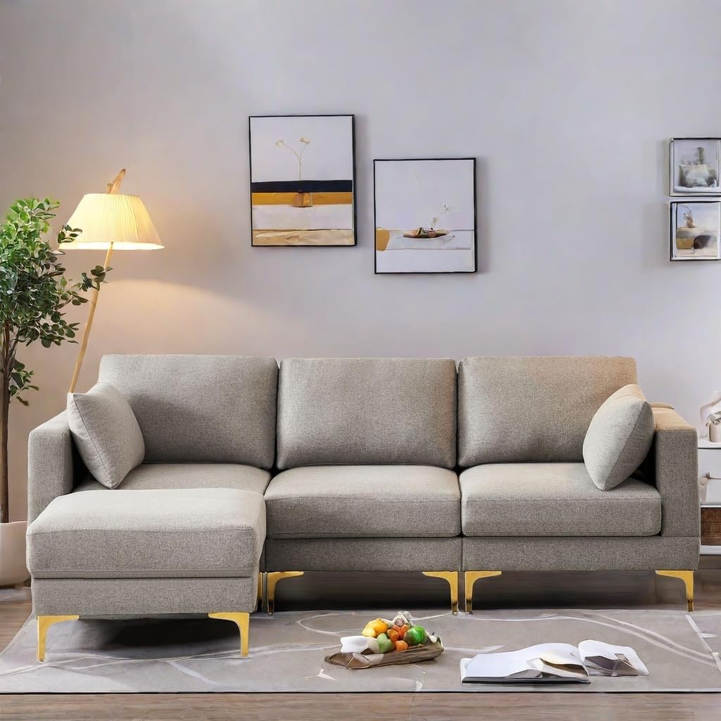 ChicFurnit Sectional Sofa,L Shape Couch with Built-in USB Interface and a Convertible Footstool,108.6'' Fabric Upholstery Sofa with Gold Metal Legs and Two Pillows for Living Room,Bedroom,Grey