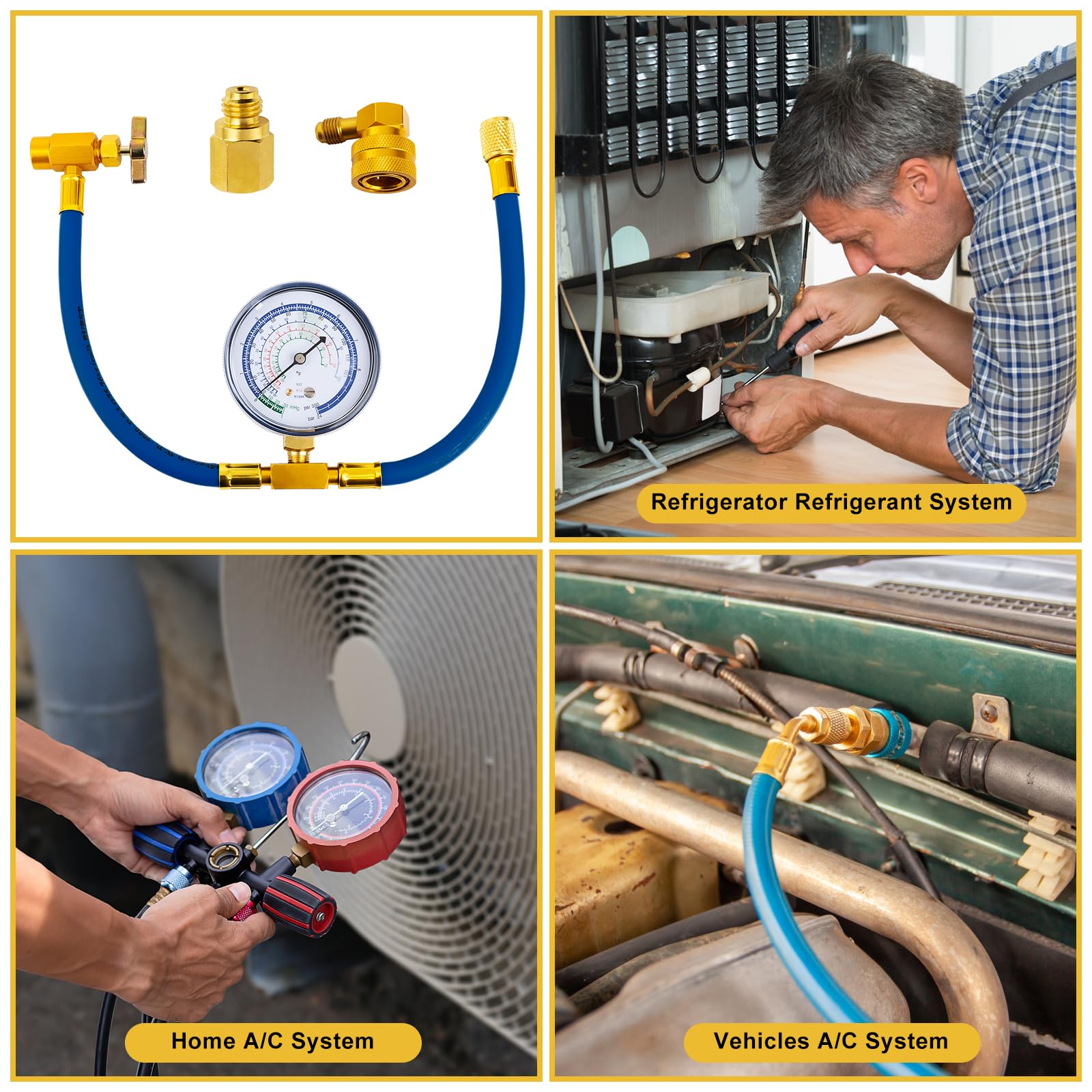 Belleone R134a Refrigerant Recharge Kit, AC Recharge Hose Kit with Gauge, R134a Freon Can Tap Recharging Hose with Detachable R134a Quick Coupler, R134a Self-Sealing Adapter for AC Refrigerant System