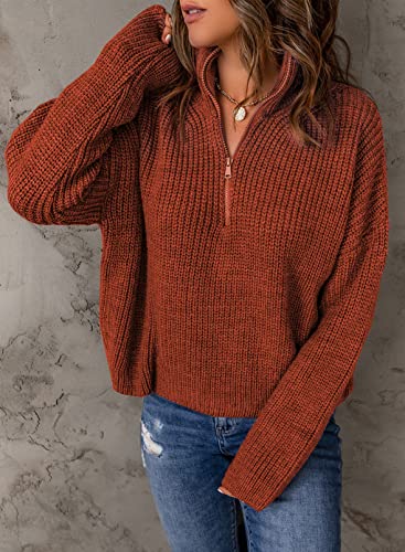 Dokotoo Plus Size Sweaters for Women Long Sleeve V Neck Sweater Quarter Zip Pullover Chunky Cozy Fall Fashion for Women 2023 Ladies Polo Lightweight Red Tops Large