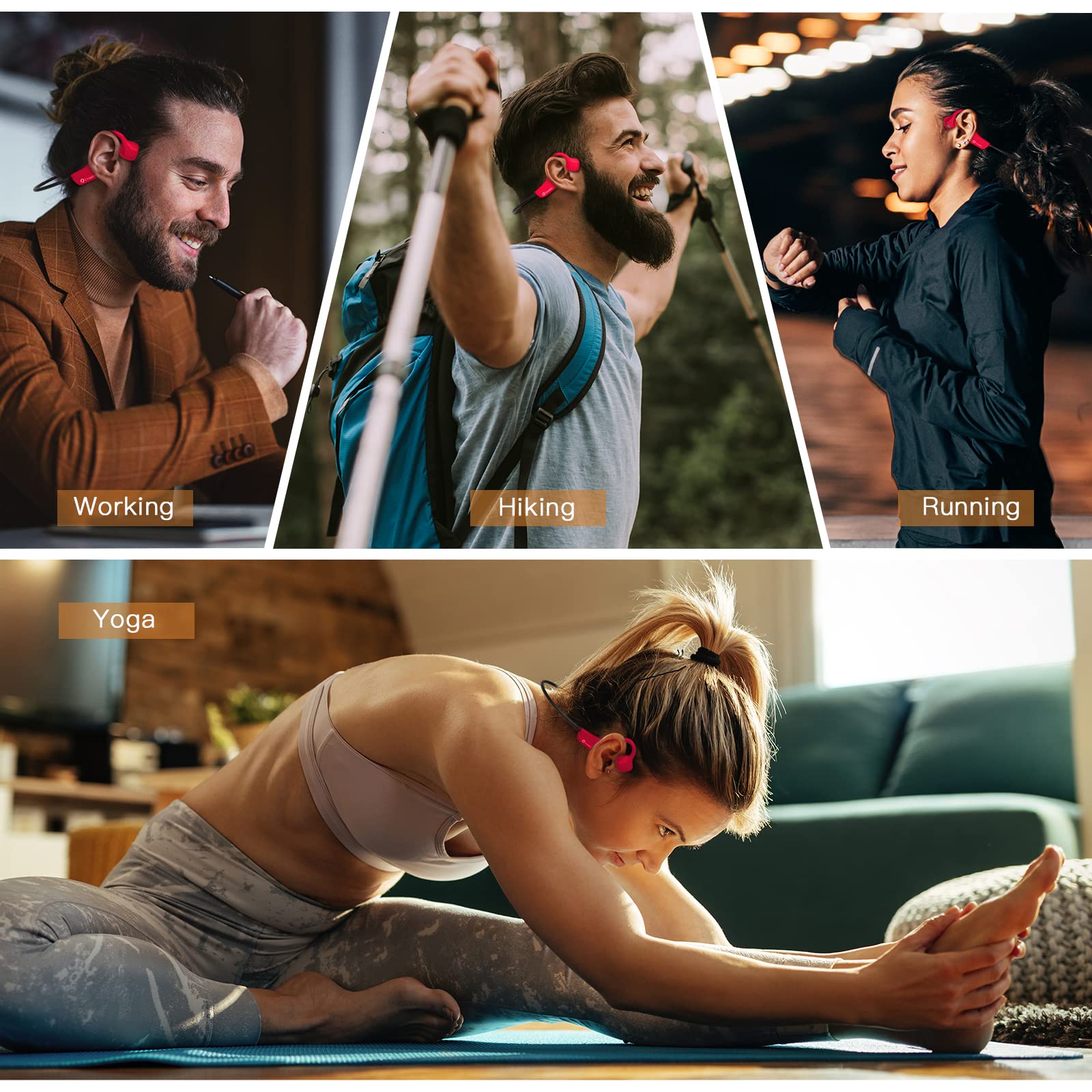 Bone Conduction Headphones Bluetooth,Open Ear Headphones Wireless with Built-in Mic,Waterproof Sweat Resistant Bone Induction Sports Headset for Running,Cycling,Hiking,Exercising,Learning,Calling-Red