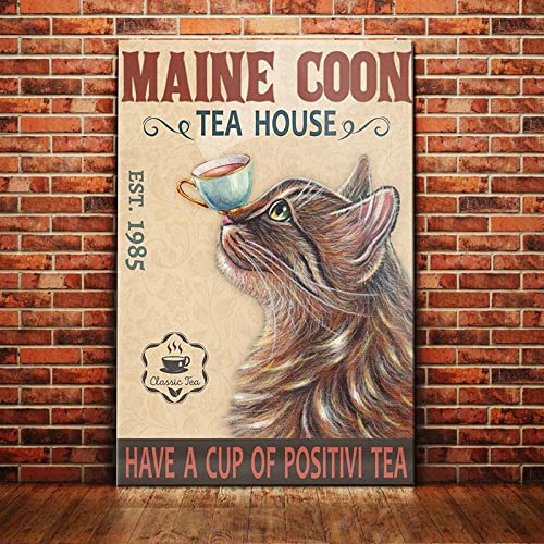Maine Coon Cat Tea House Retro Metal Tin Sign Vintage Sign for Home Coffee Garden Wall Decor 8x12 Inch