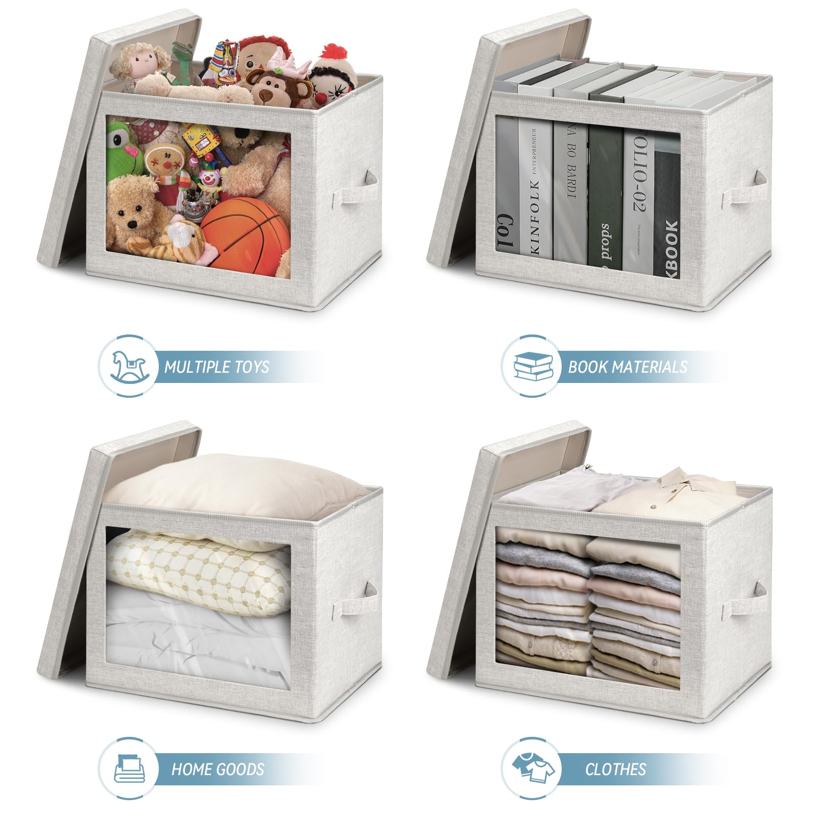 Bellzacasa Large Collapsible Storage Bins with Lids, 3 Pack Foldable Clear Window Storage Boxes with Handles, Linen Fabric Storage Cubes Baskets Organizer Containers, Beige, 15.8x11.8x11.8β