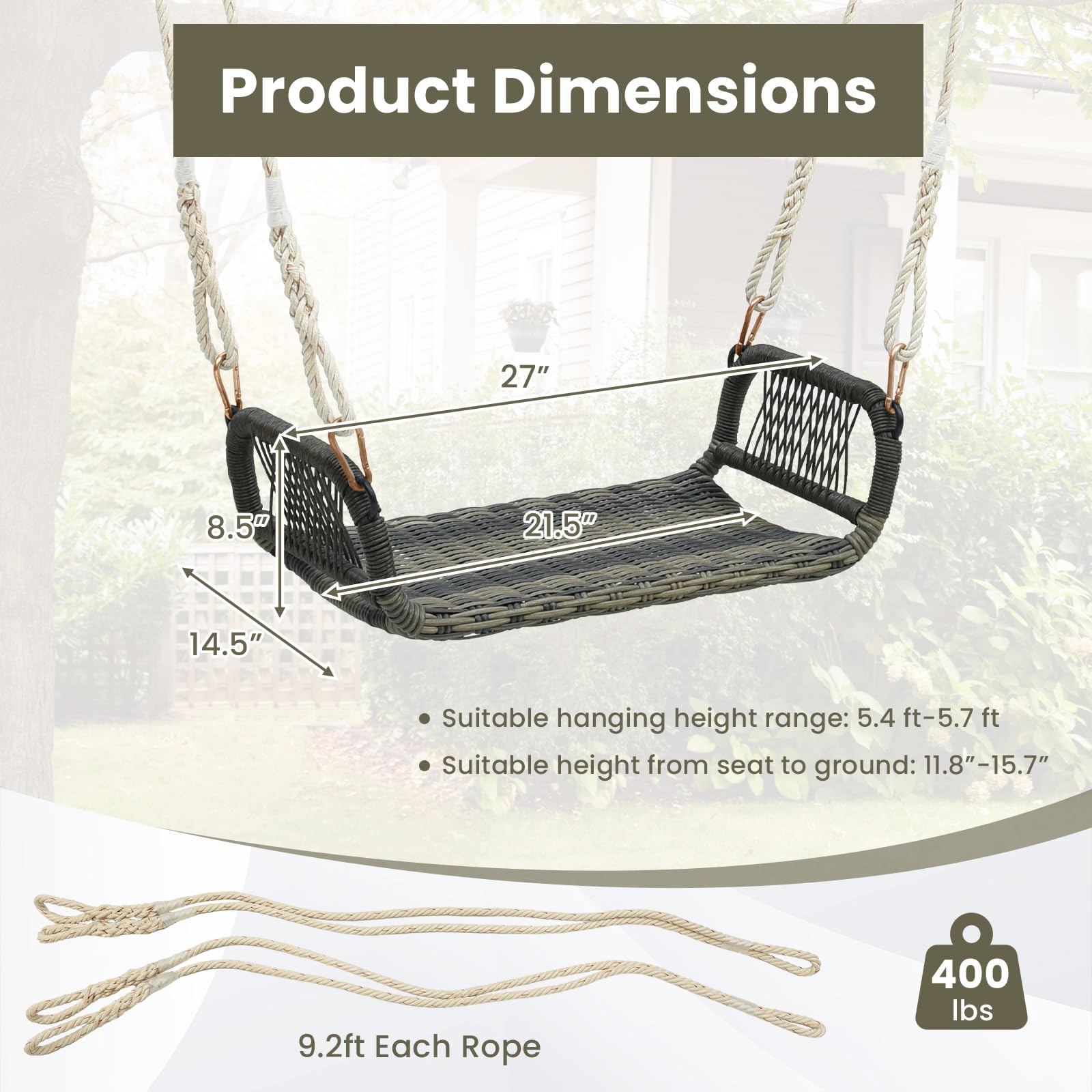 HAPPYGRILL Wicker Porch Swing, Curved Rattan Swing Seat with Cozy Armrests, Patio Wicker Tree Swing with 2 Hanging Hemp Ropes, Outdoor Swing Chair for Front Porch Backyard