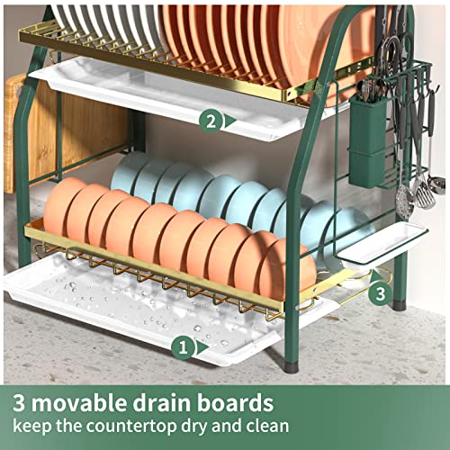 Boiarc Dish Drying Rack for Kitchen Counter, 2 Tier Large Dish Rack & Drainboard Set, Kitchen Dish Drainer Organizer with Utensil Holder & Cutting Board Holder (Gold & Green)