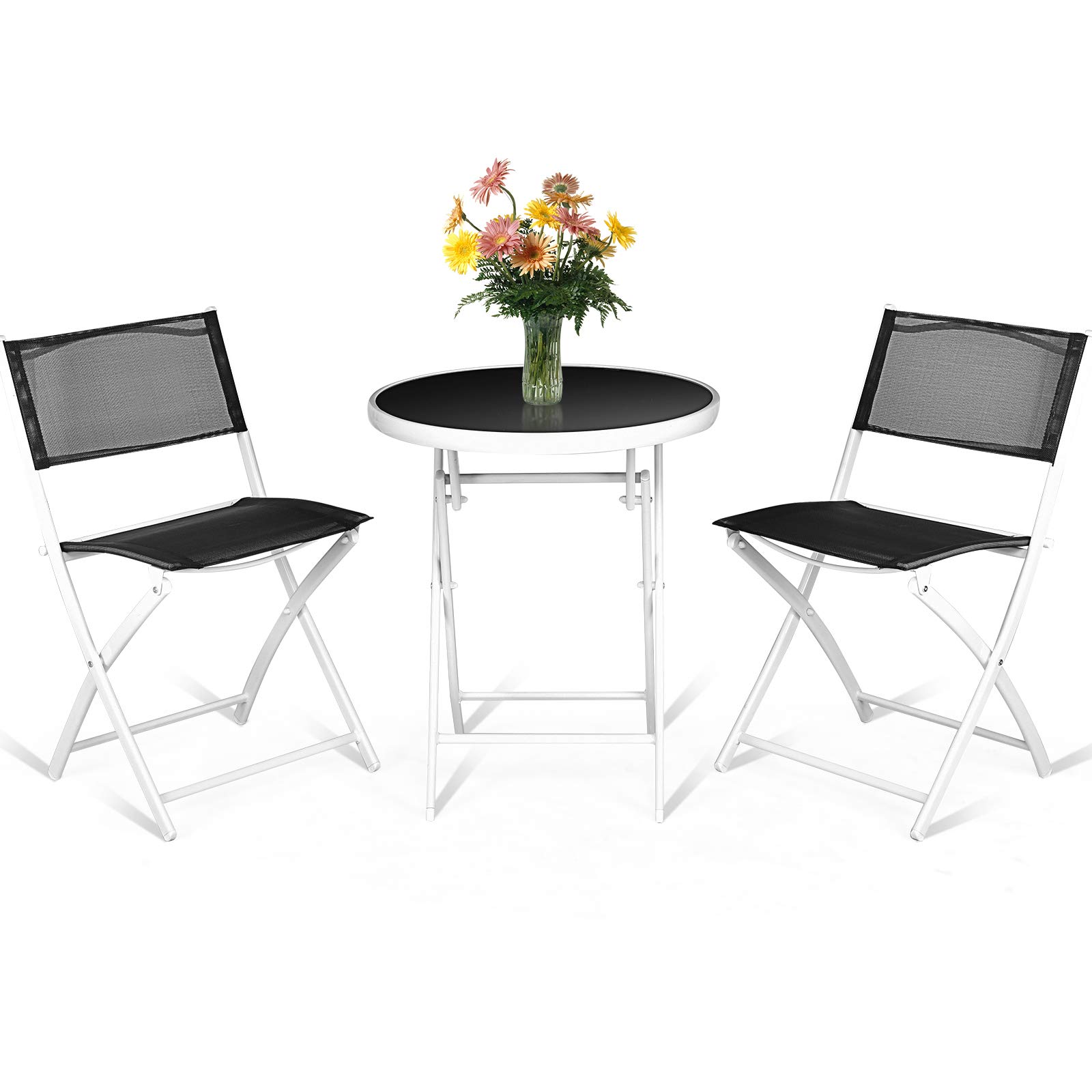 Tangkula 3 Pieces Folding Patio Bistro Set, No Assembly Required, Outdoor Folding Chairs & Table Set with Tempered Glass Tabletop, Outdoor Furniture Set for Garden, Poolside & Backyard (Black)
