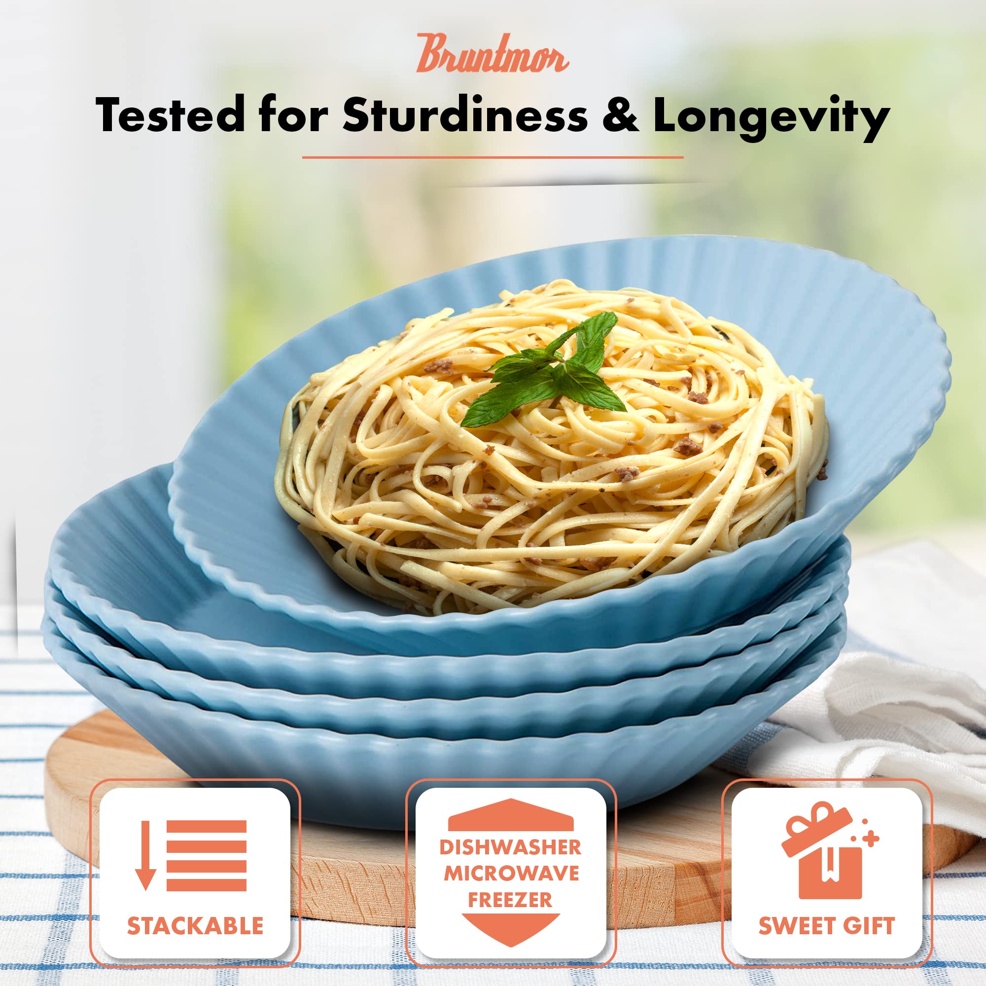 Bruntmor Set of 4 Elegant Matte 8" Round Ceramic Restaurant Serving Inner Fluted Dessert Salad Plates, Light Blue