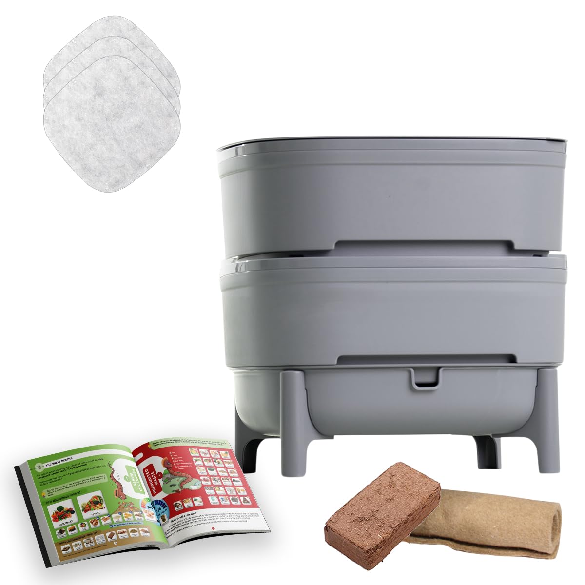 Moutta I WORMcube Grey Design & Compact I 2 Trays Wormery I Complete kit I Worm Drowning Stop Filter