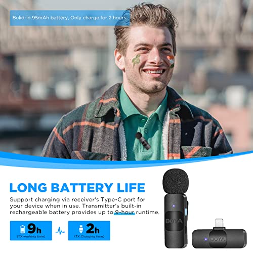 BOYA Wireless Lavalier Lapel Microphone for iPhone iPad - Mini Omnidirectional Condenser Video Recording Mic for Interview Podcast Vlog YouTube Live Stream