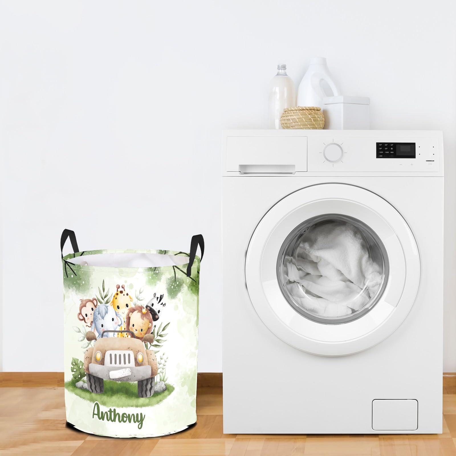 Jungle Animal Car Leaves Green Personalized Laundry Basket Hamper,Collapsible Storage Baskets with Handles for Kids Room,Clothes, Nursery Decor