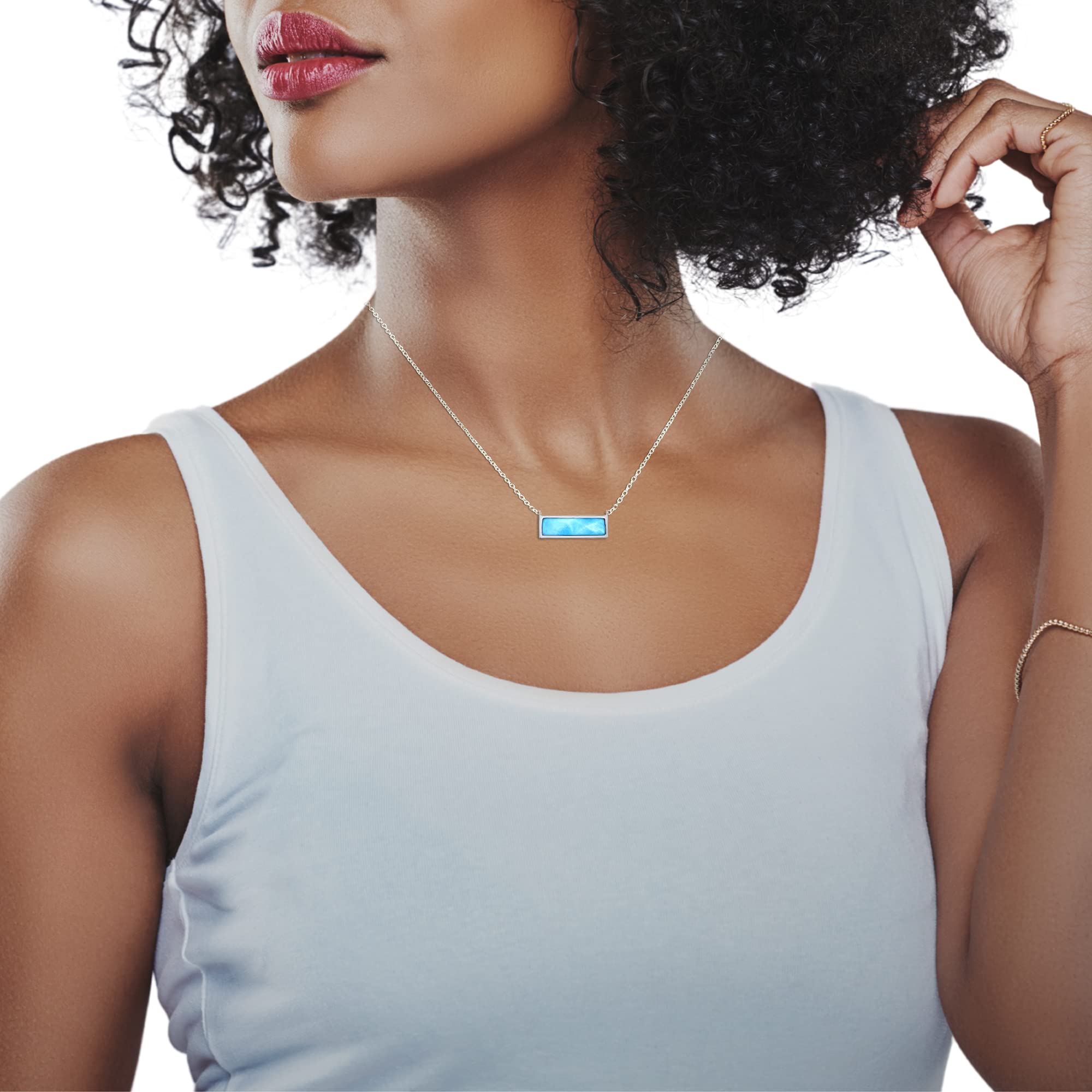 Beaux Bijoux Sterling Silver Natural Larimar Bar Necklace Blue Dainty Necklace for Women