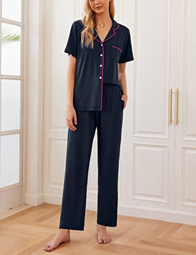 Ekouaer Womens 2-Piece Casual Button Down Nightwear Short Sleeve Pajama Set, Deep navy blue, Medium