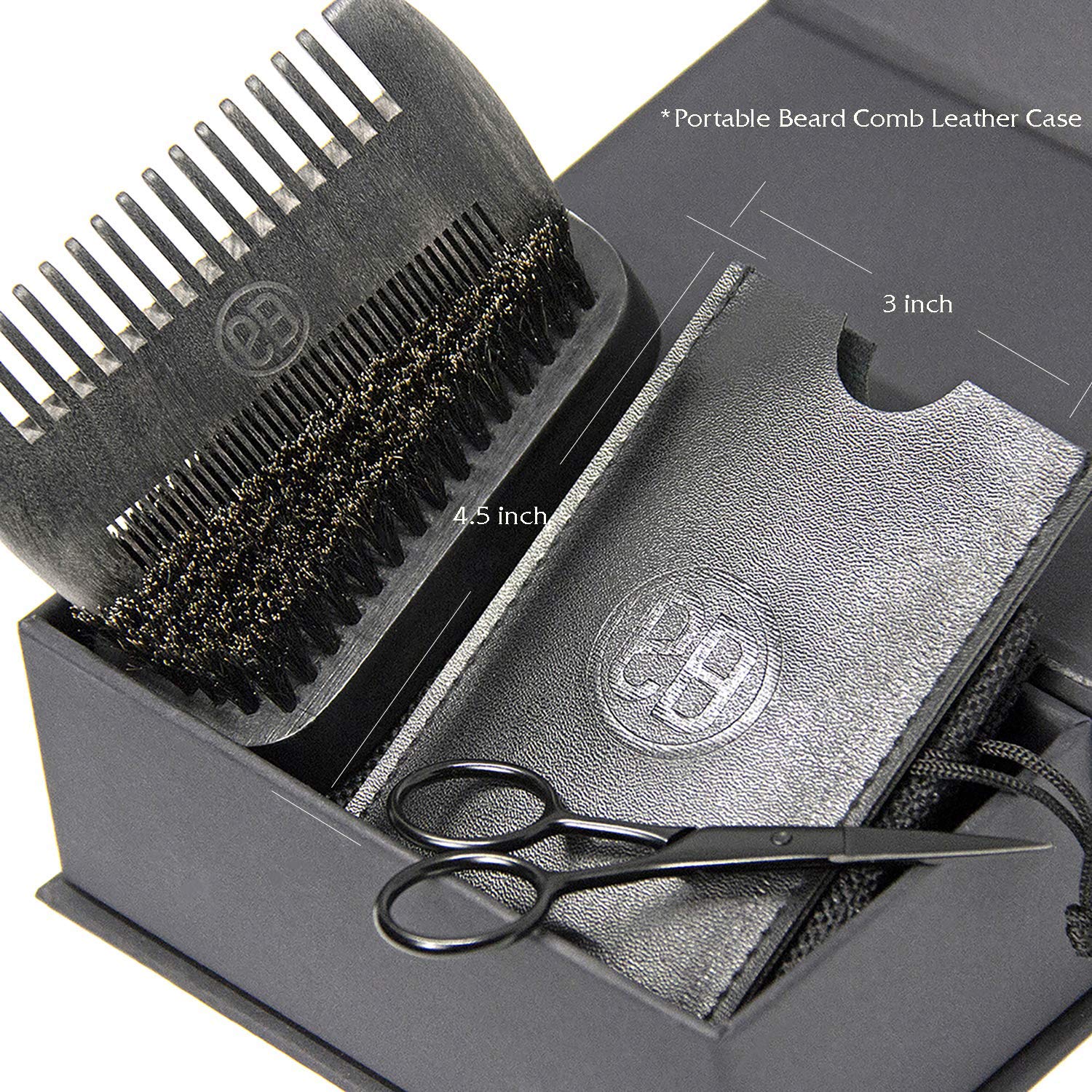 Beard Brush & Beard Comb Kit, Natural Boar Bristle Brush, Authentic Sandalwood Dual Action Comb & Durable Case, Mustache Trimming Scissors, Linen Pouch Bag, Gift Box Set for Men's Daily Grooming Care