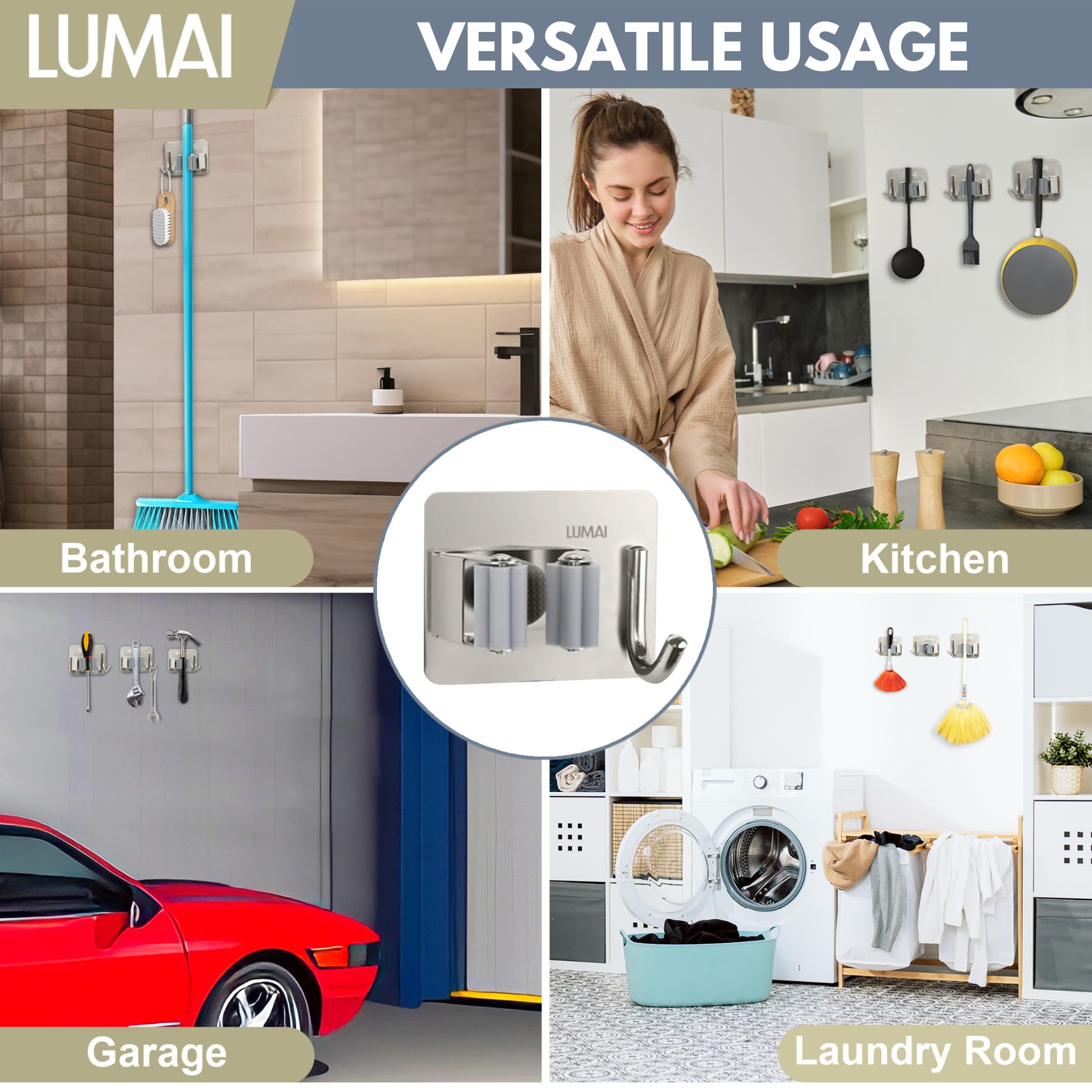 LUMAI 3M Broom Holder Wall Mount Self Adhesive 3-pack Wall Broom Holder Wall Mount Heavy Duty, Broom Hanger Wall Mount, Broom Mop Holder Wall Mounted, Broom Organizer Wall Mount, Mop Holder Wall Mount