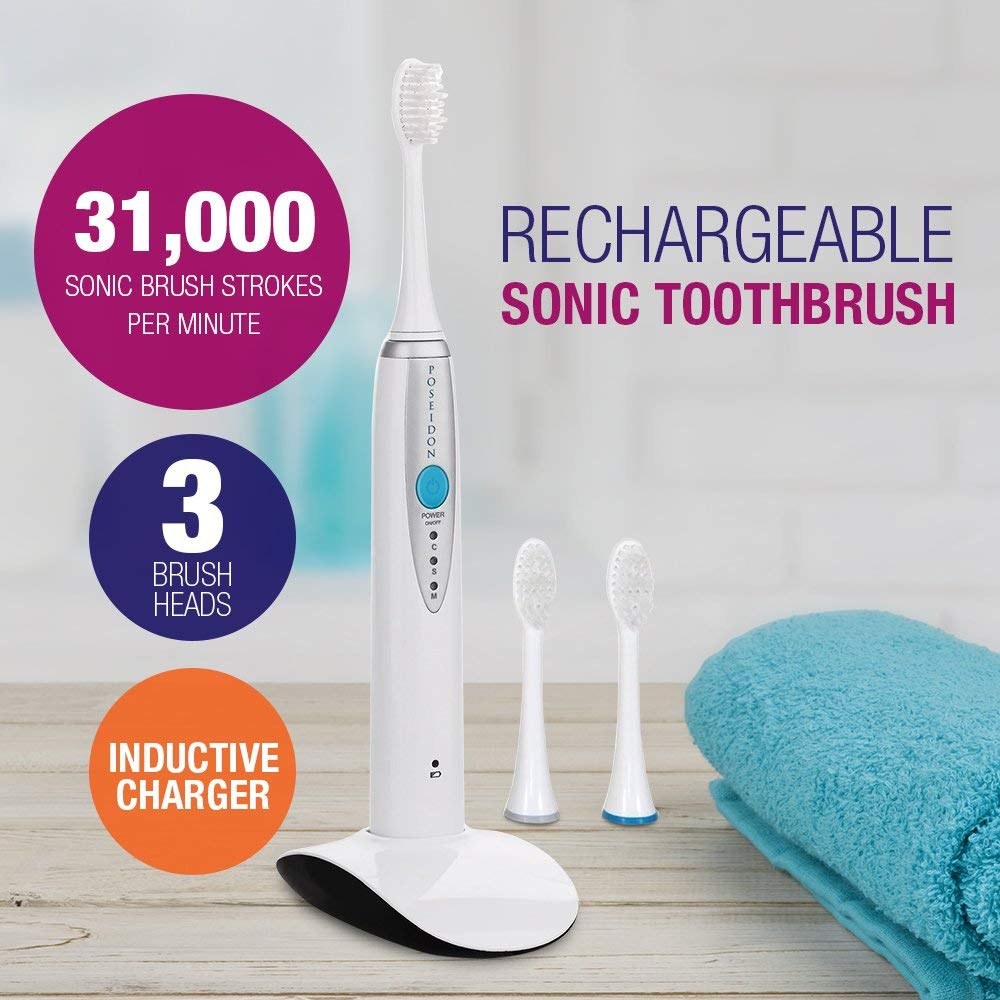 ToiletTree Products Poseidon Rechargeable Sonic Toothbrush with Inductive Charger and 3 Replacement Brush Heads for Multiple Users
