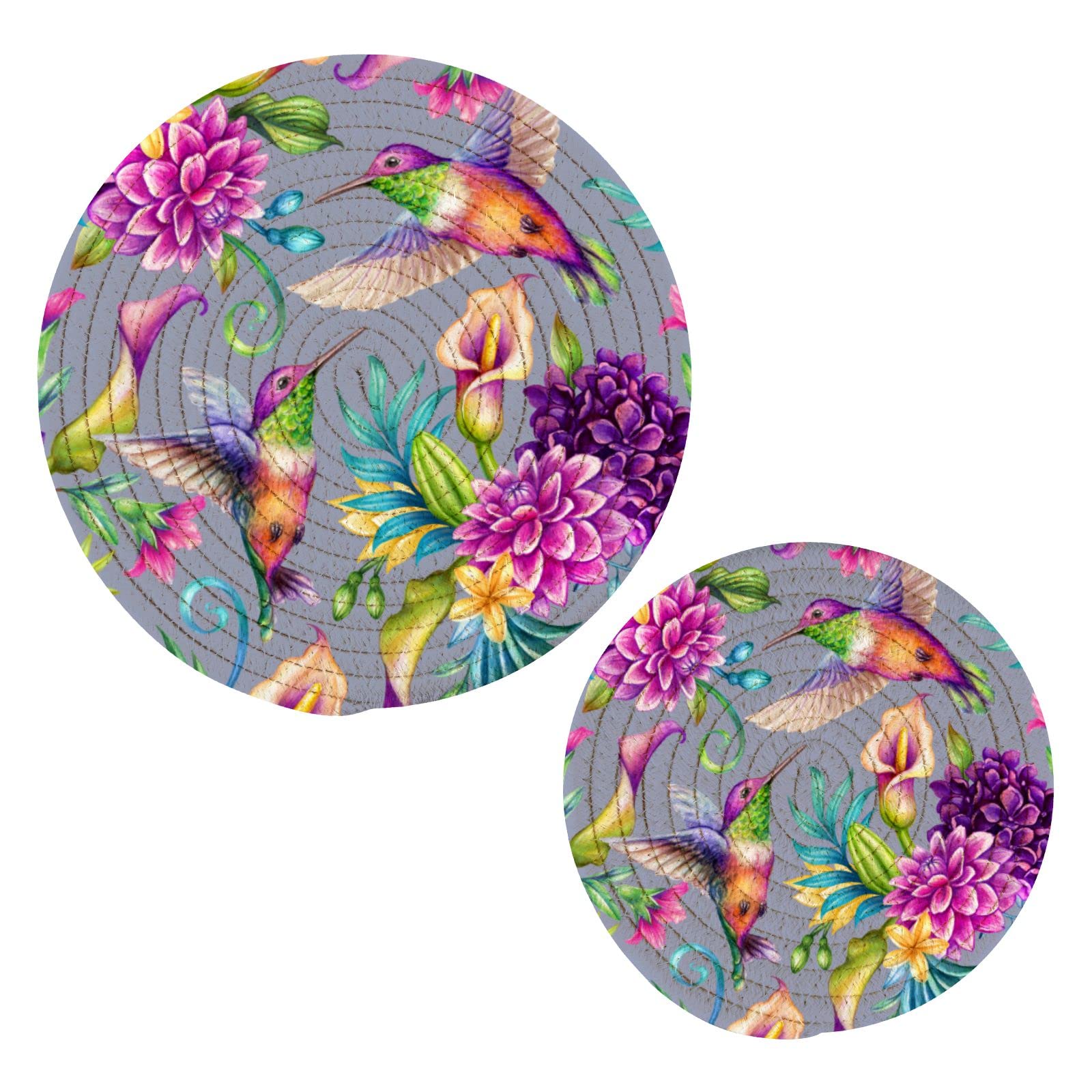 Blueangle Hummingbird on Purple Flowers Pot Holders Trivets Set 2 Pcs, Potholders for Kitchens, Pure Cotton Thread Weave Trivets for Hot Dishes/Pot/Bowl/Hot Pot Holders(755)