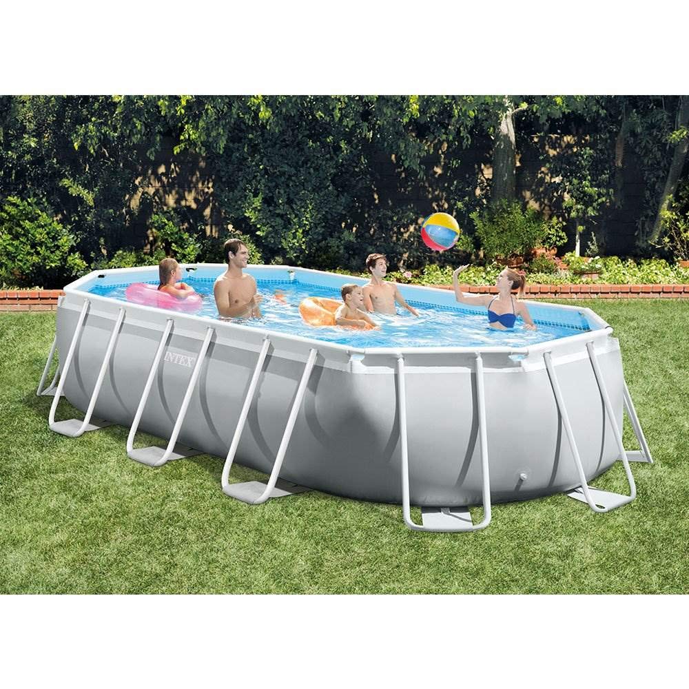 Intex Powder Coated Steel Tubing Outdoor Rectangular Frame Above Ground Pool Set with Ladder, Ground Cloth, and Filter Cartridges (6 Pack)