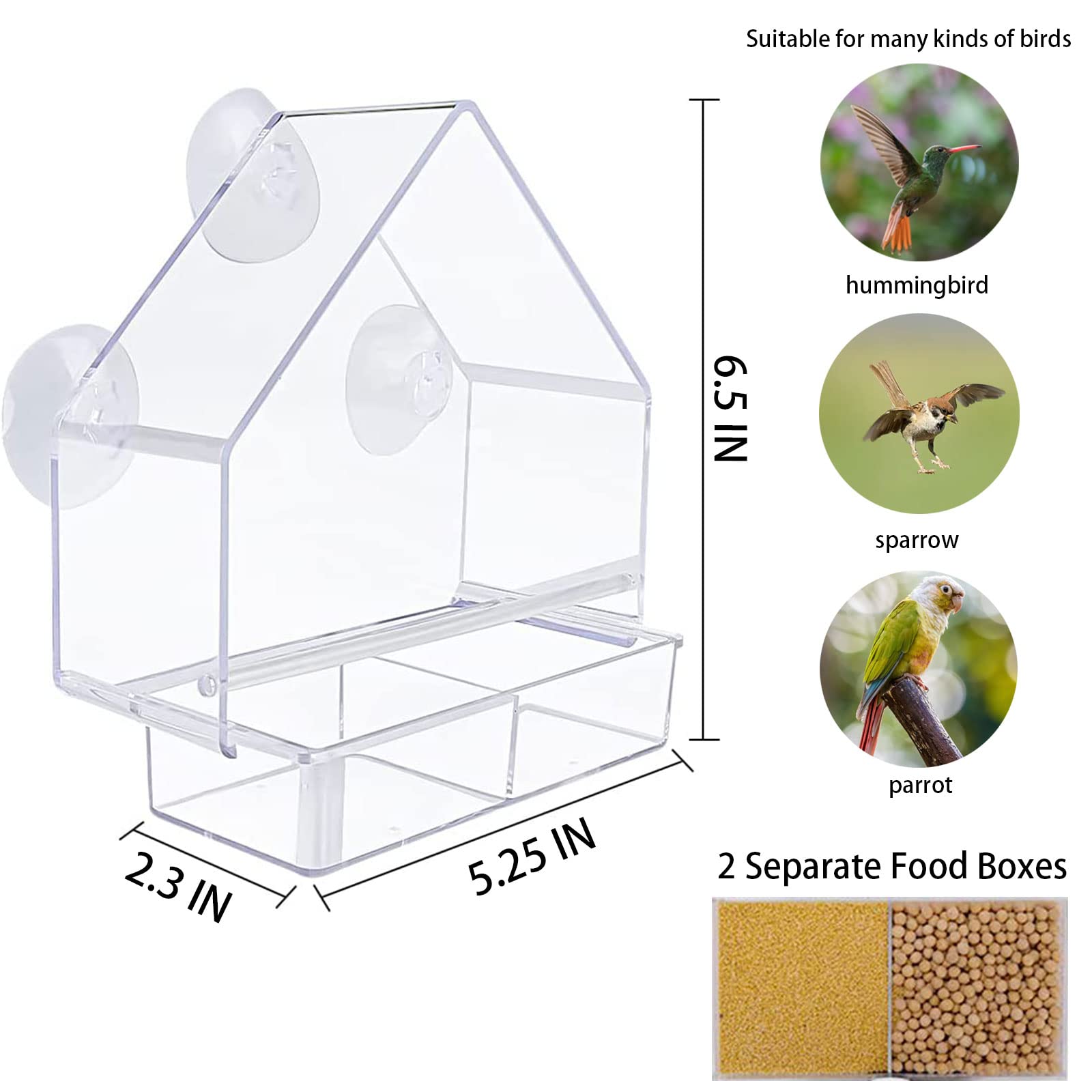 Clear Window Bird Feeder, Squirrel Proof with Strong Suction Cups Removable Sliding Seed Tray, Fits for Wild Birds. Best Gift