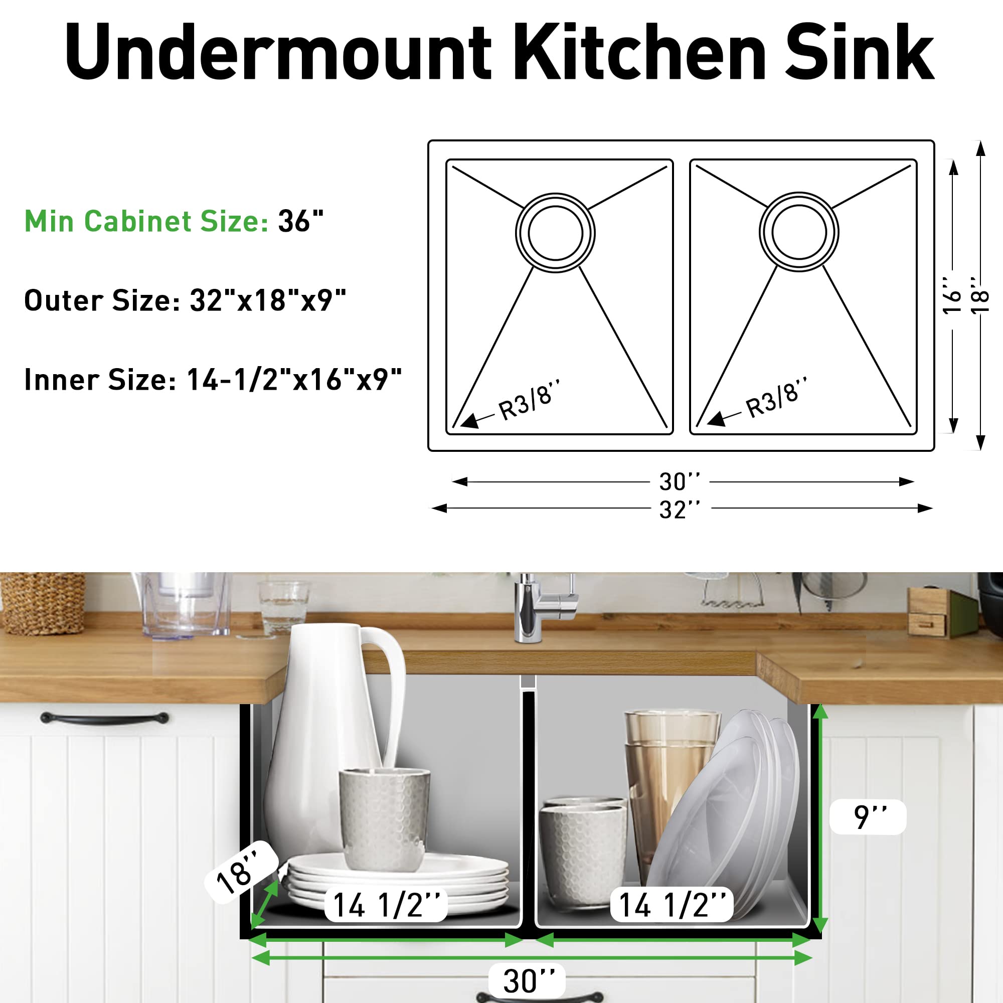 CITYLE 32 Inch Undermount Kitchen Sink, Stainless Steel Sink Handmade 50/50 Double Basin with Bottom Grid and Basket Strainer Drain for Bar Prep Kitchen(32'' x 18'' x 9'')