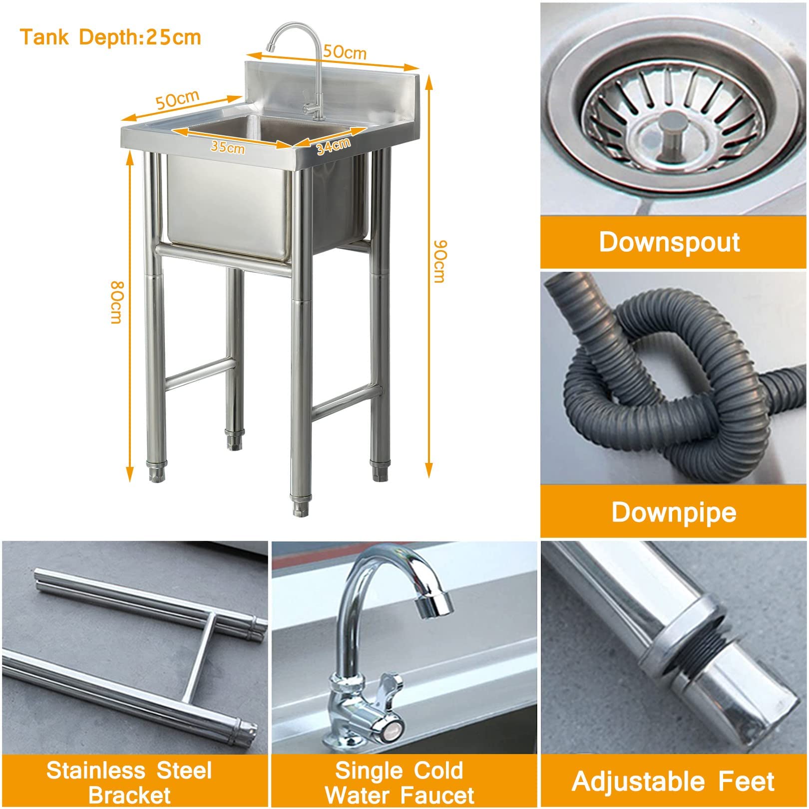 ALEEJA Home Simple Laundry Stainless Steel Sink with Faucet, Industrial Garage Sink Commercial Sink for Restaurant, Workshop