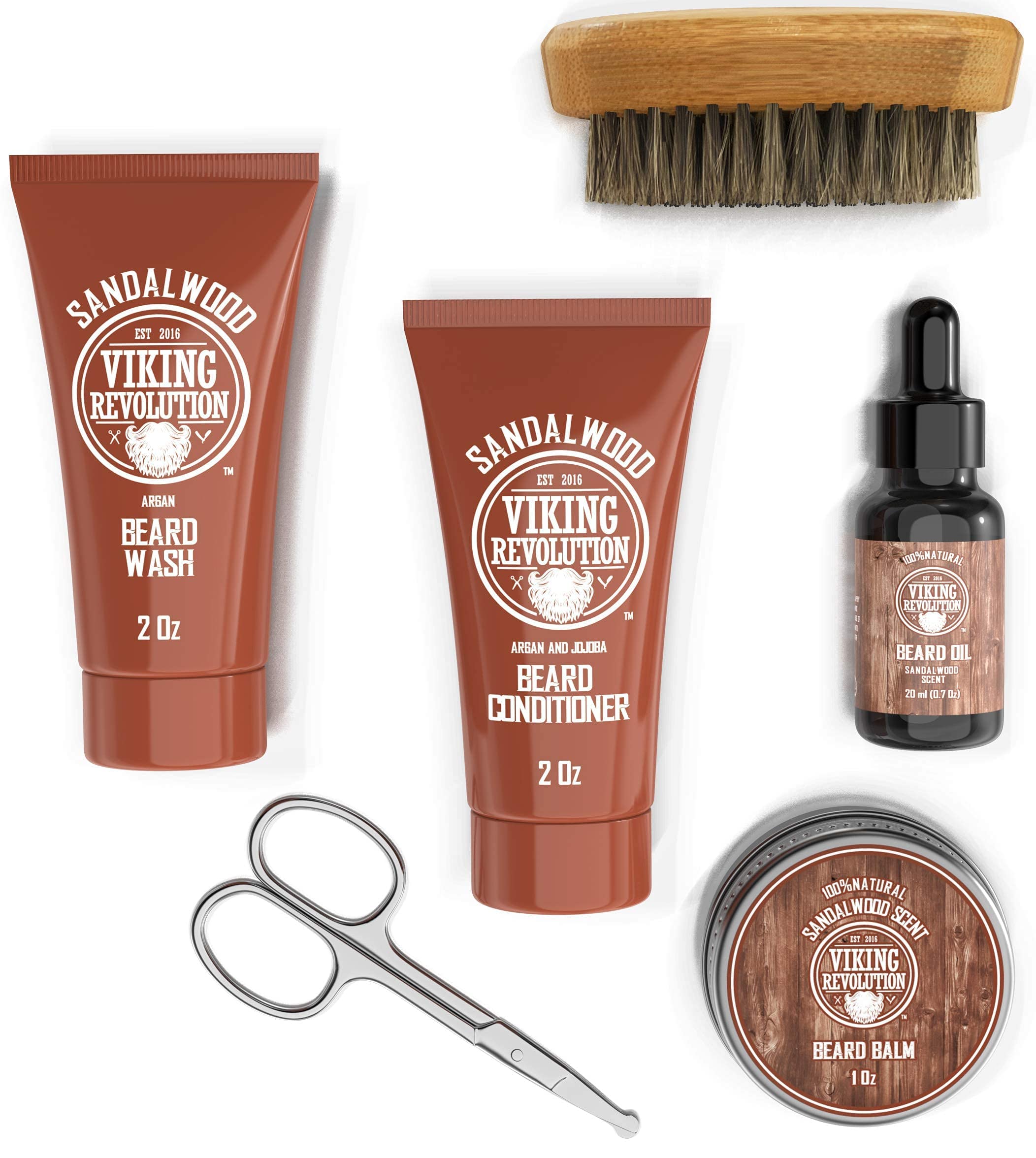 Beard Care Kit for Men Gift- Beard Grooming Kit Contains Travel Size Beard Oil, Beard Balm, Beard Shampoo & Conditioner, Beard Brush and Grooming Scissors - Includes Travel Case (Sandalwood)