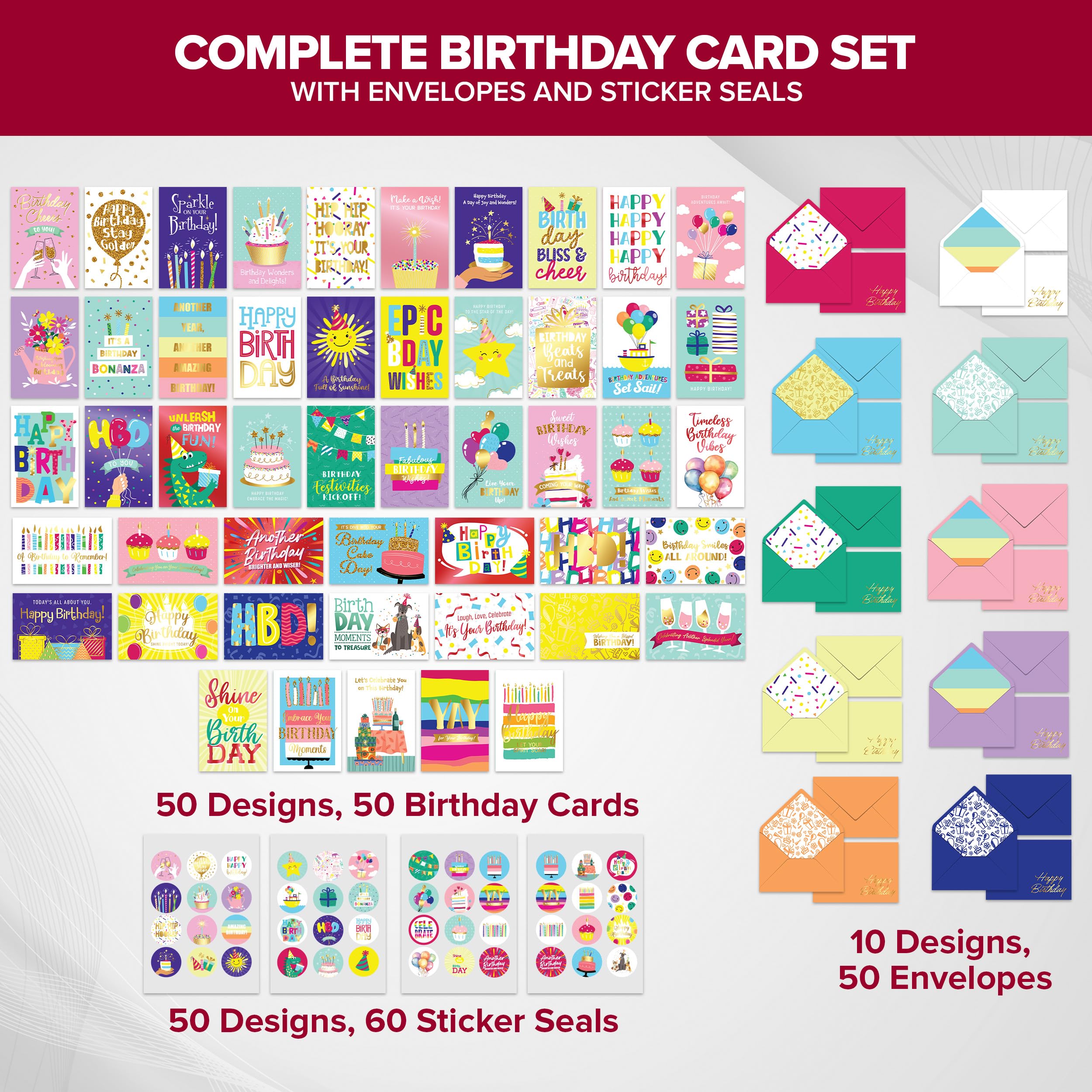 Decorably 50 Pack Foiled & Glittery Assorted Birthday Cards with Envelopes & Stickers - 50 Unique Designs Bulk Birthday Cards Bulk with Message Inside, 6x4in Bulk Birthday Cards with Envelopes