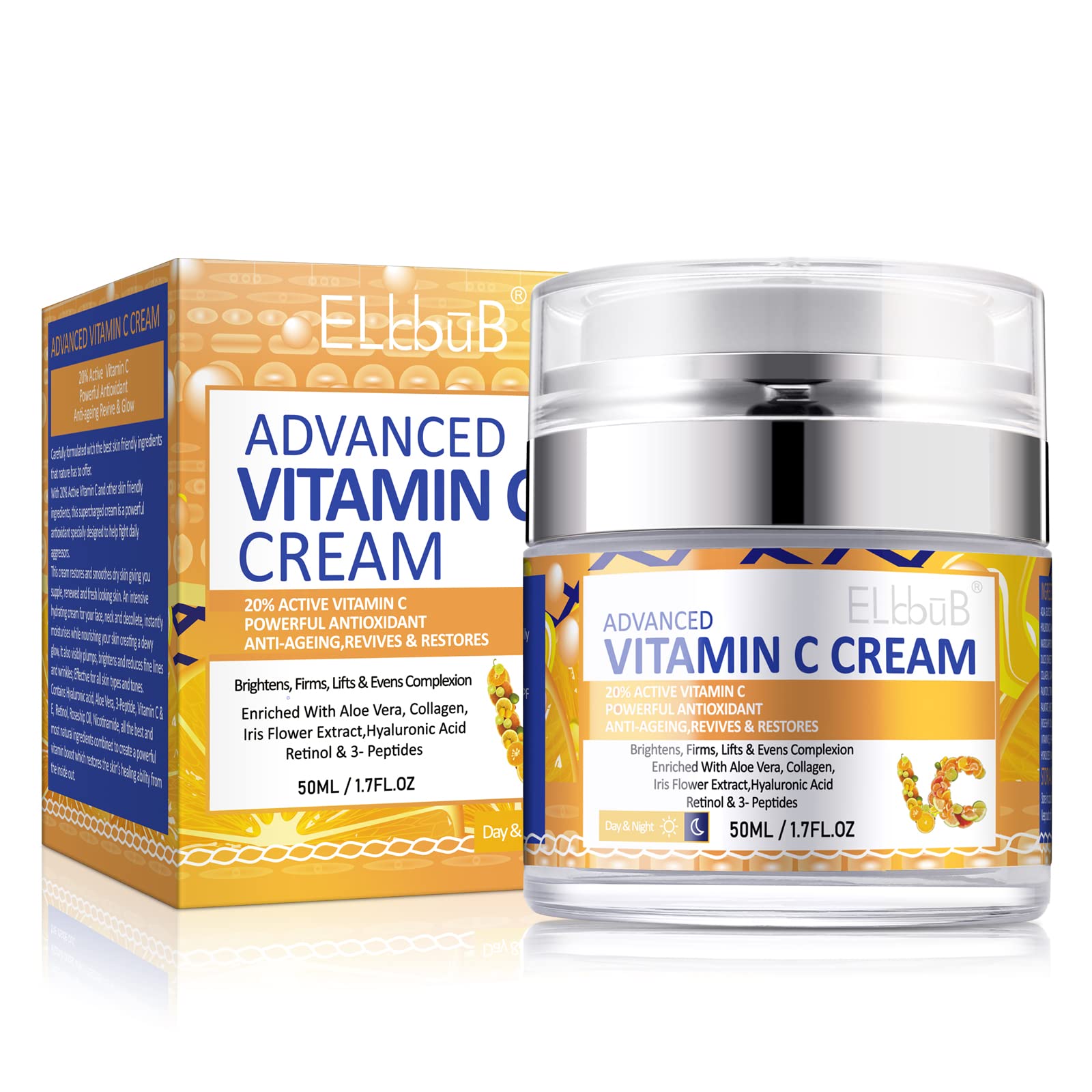 ELBBUB Vitamin C Moisturiser Cream for All Skin Types - for Age Spots and Uneven Skin Tone with 20% Vitamin C - Boost Skin Collagen,Hydrate & Plump Skin, Anti Aging & Wrinkle Facial Cream