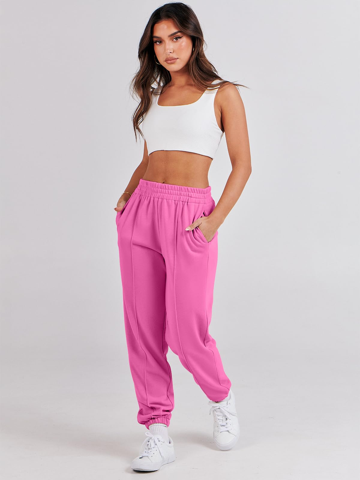 ANRABESS Women's High Waist Sweatpants Workout Athletic Joggers Pants Baggy Lounge Cinch Bottoms with Pockets 2024 Fall Hot Pink X-Large
