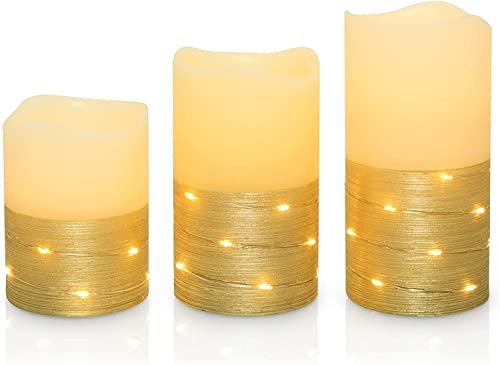 BeMoment Flickering Flameless Candles with Timer - Battery Operated, White LED String Lights, Gold Accent, Ideal for Home Decor, Fireplace, and Events, 3pcs (D 3" x H 4" 5" 6")