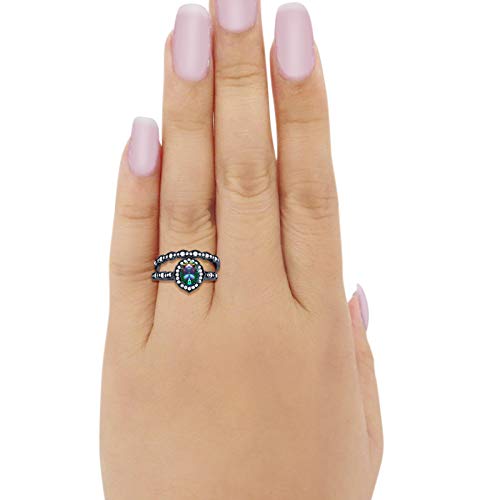 Blue Apple Co. Two Piece Art Deco Vintage Style Wedding Engagement Bridal Set Ring Band Oval Round Black Tone, Simulated Rainbow Cubic Zirconia 925 Sterling Silver Size-5