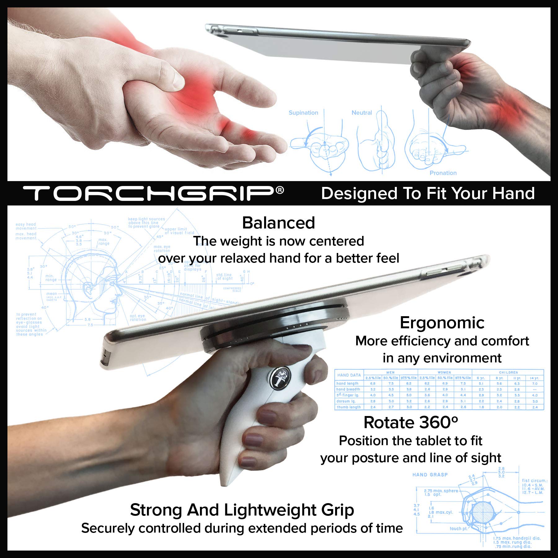 TORCHGRIP Universal Tablet Stand and Tablet Handle Compatible with iPad, Samsung and Most Other Tablets (Black/Black)