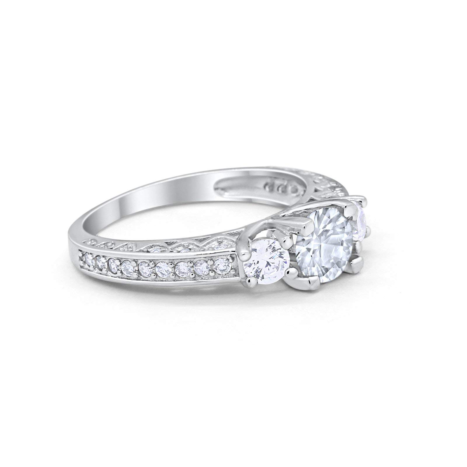 Blue Apple Co. Round Art Deco Vintage Style Three Stone Wedding Engagement Ring Simulated Cubic ZirconiaCubic Zirconia 925 Sterling Silver Size-4