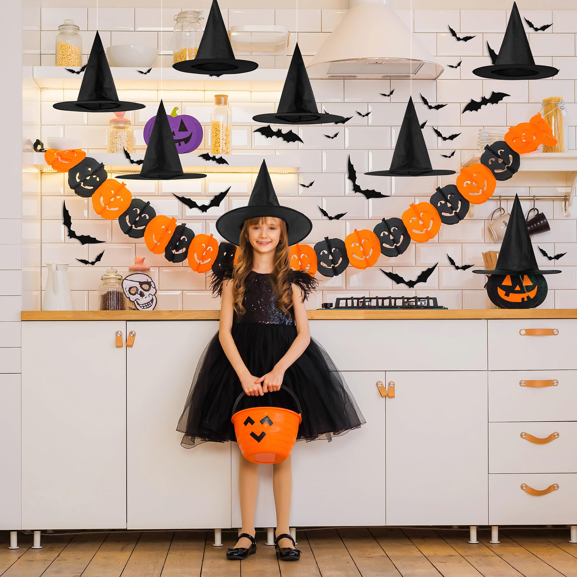 Elcoho 12 Halloween Black Witch Hats, Costume Accessories Caps, 32 3D Bat Wall Stickers for Yard Party