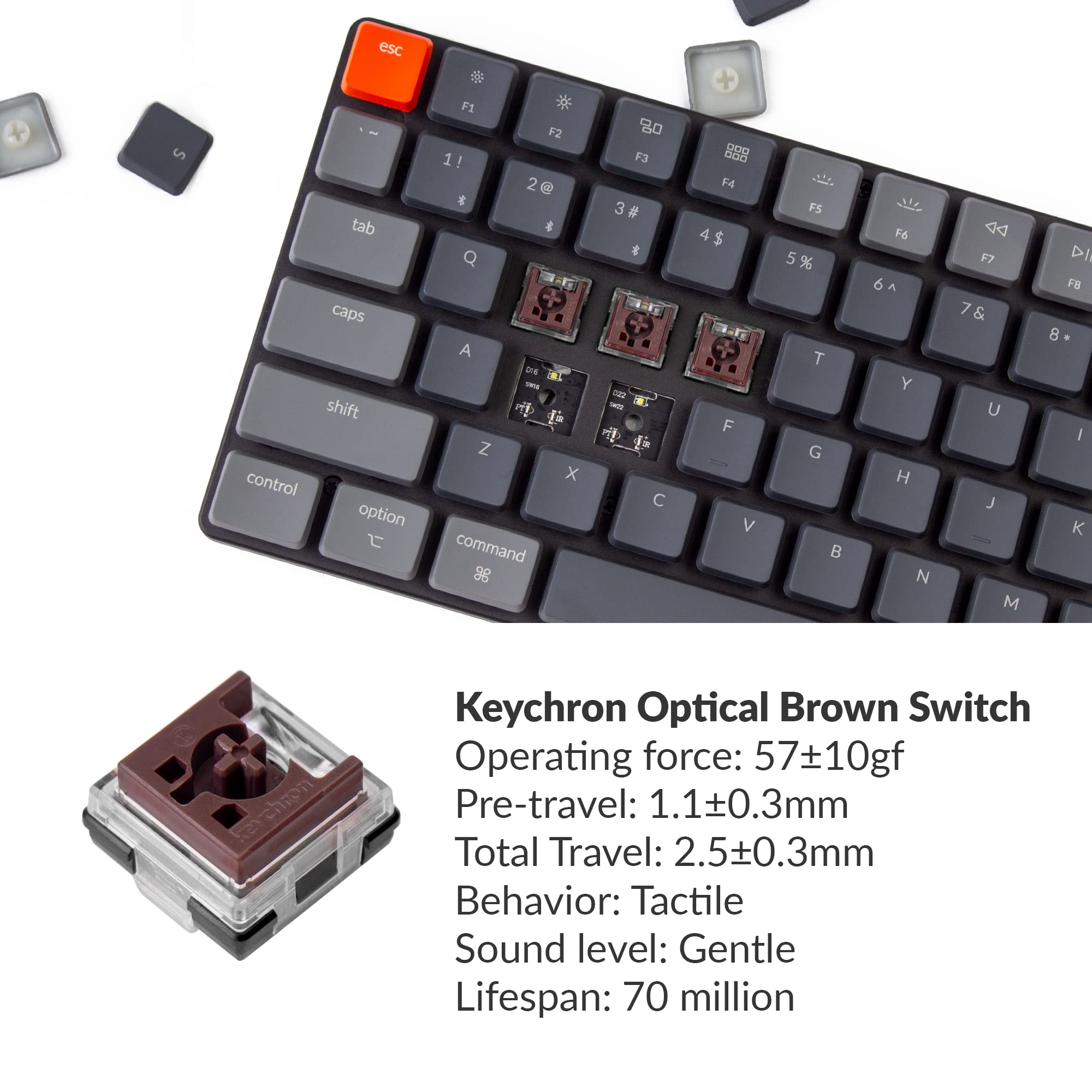 Keychron K3 75% Layout 84-Key Ultra-Slim Hot-Swappable Wireless Bluetooth Mechanical Keyboard with Low-Profile Keychron Optical Brown Switch/White LED Backlight/USB Wired for Mac Windows-Version 2