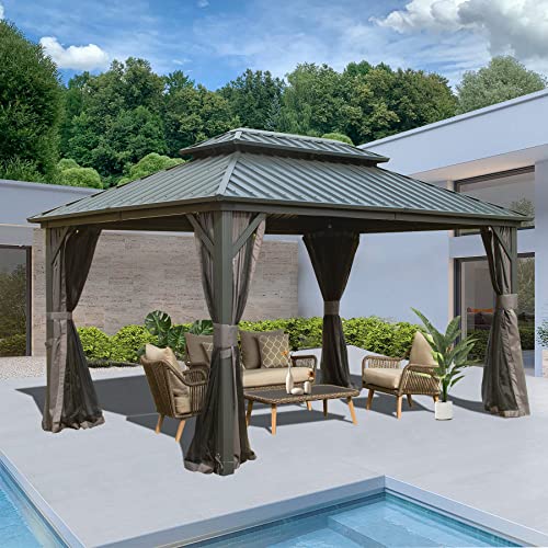 Domi 10' X 12' Hardtop Gazebo, Aluminum Metal Gazebo with Galvanized Steel Double Roof Canopy, Curtain and Netting, Permanent Gazebo Pavilion for Patio, Backyard, Deck, Lawn