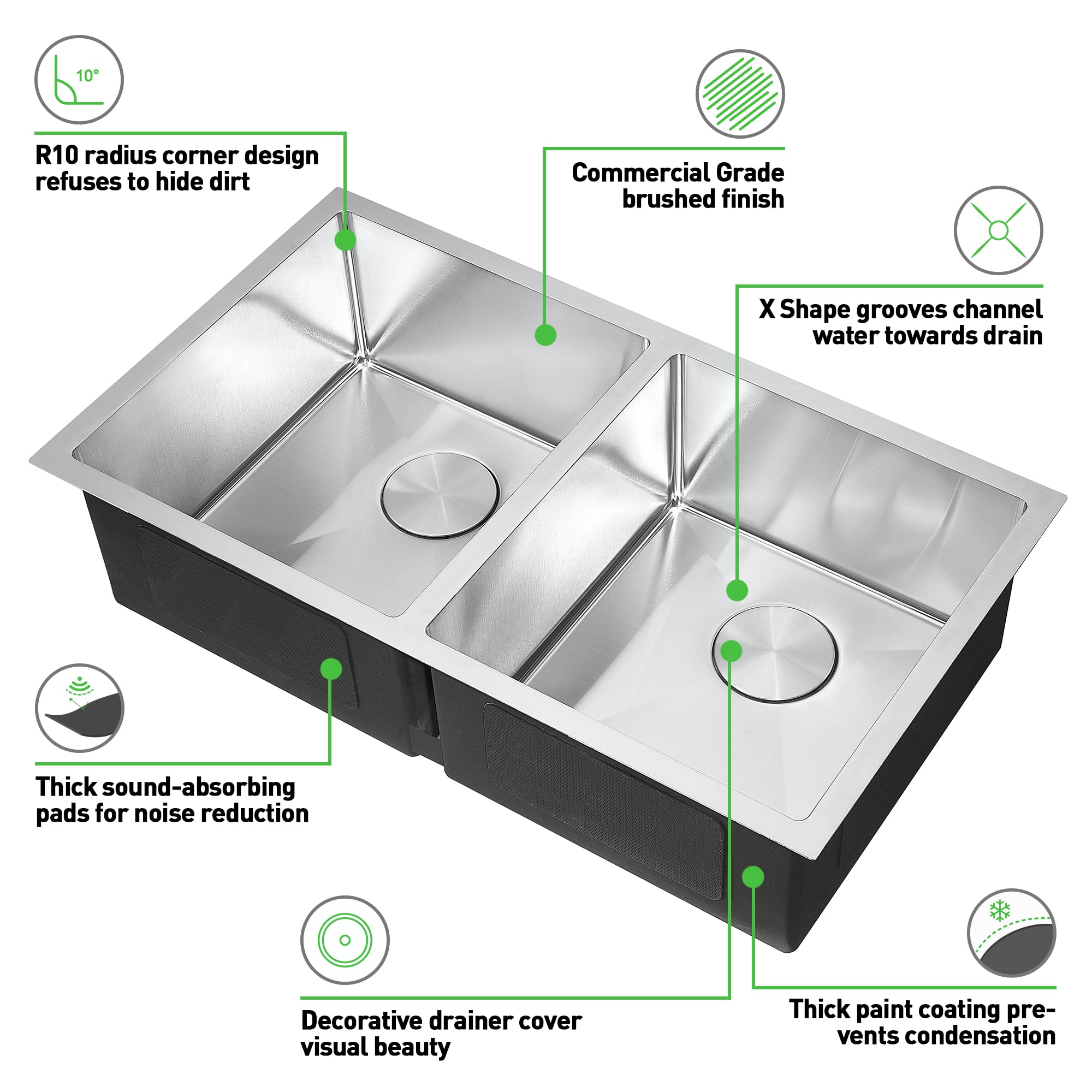 CITYLE 32 Inch Undermount Kitchen Sink, Stainless Steel Sink Handmade 50/50 Double Basin with Bottom Grid and Basket Strainer Drain for Bar Prep Kitchen(32'' x 18'' x 9'')
