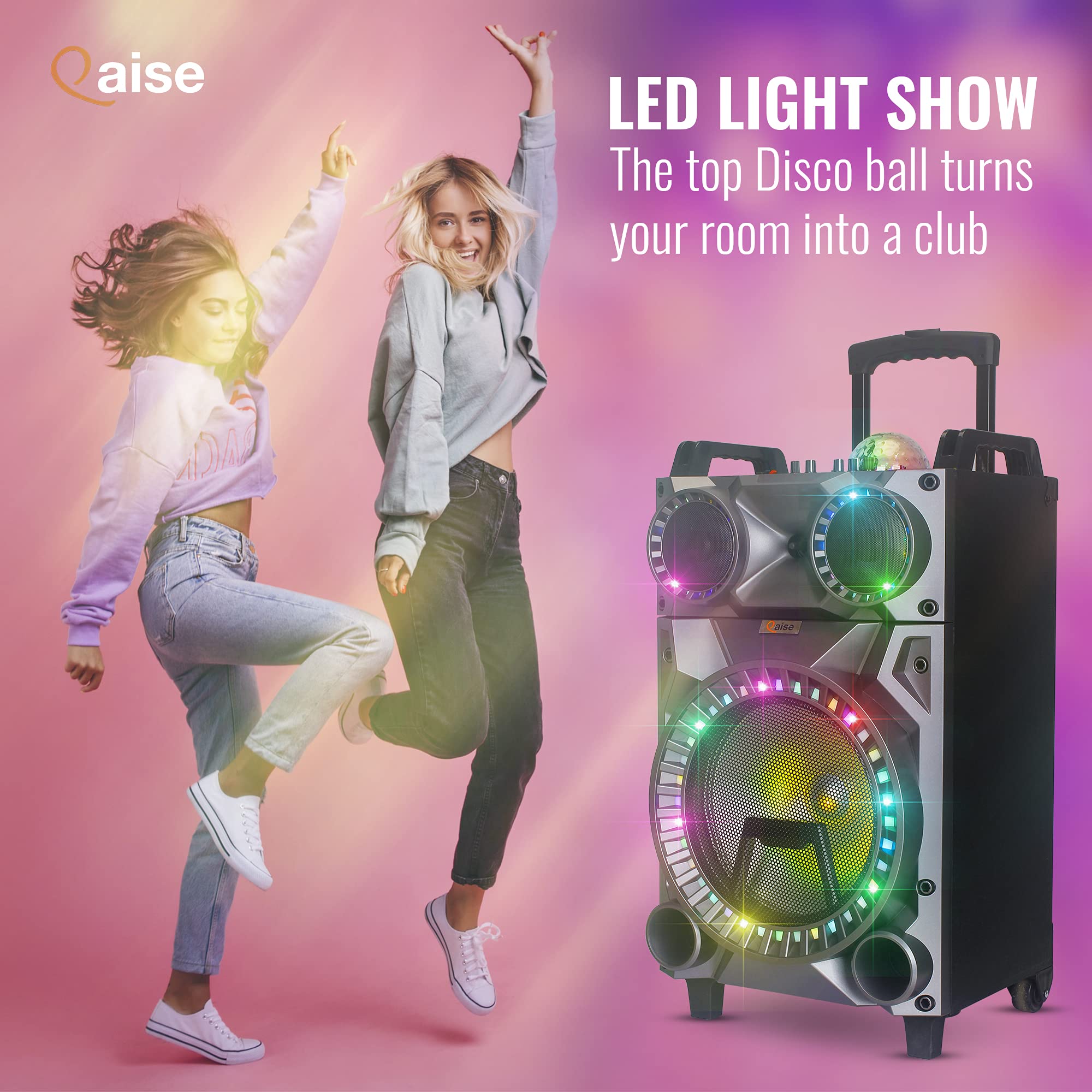 Portable Bluetooth Party Speaker and Karaoke Machine with 2 Wireless Mics, Disco Ball, LED Lights, Handle and Wheels, FM Radio. Loud Party Sound System, Rechargeable Tailgate PA Speaker