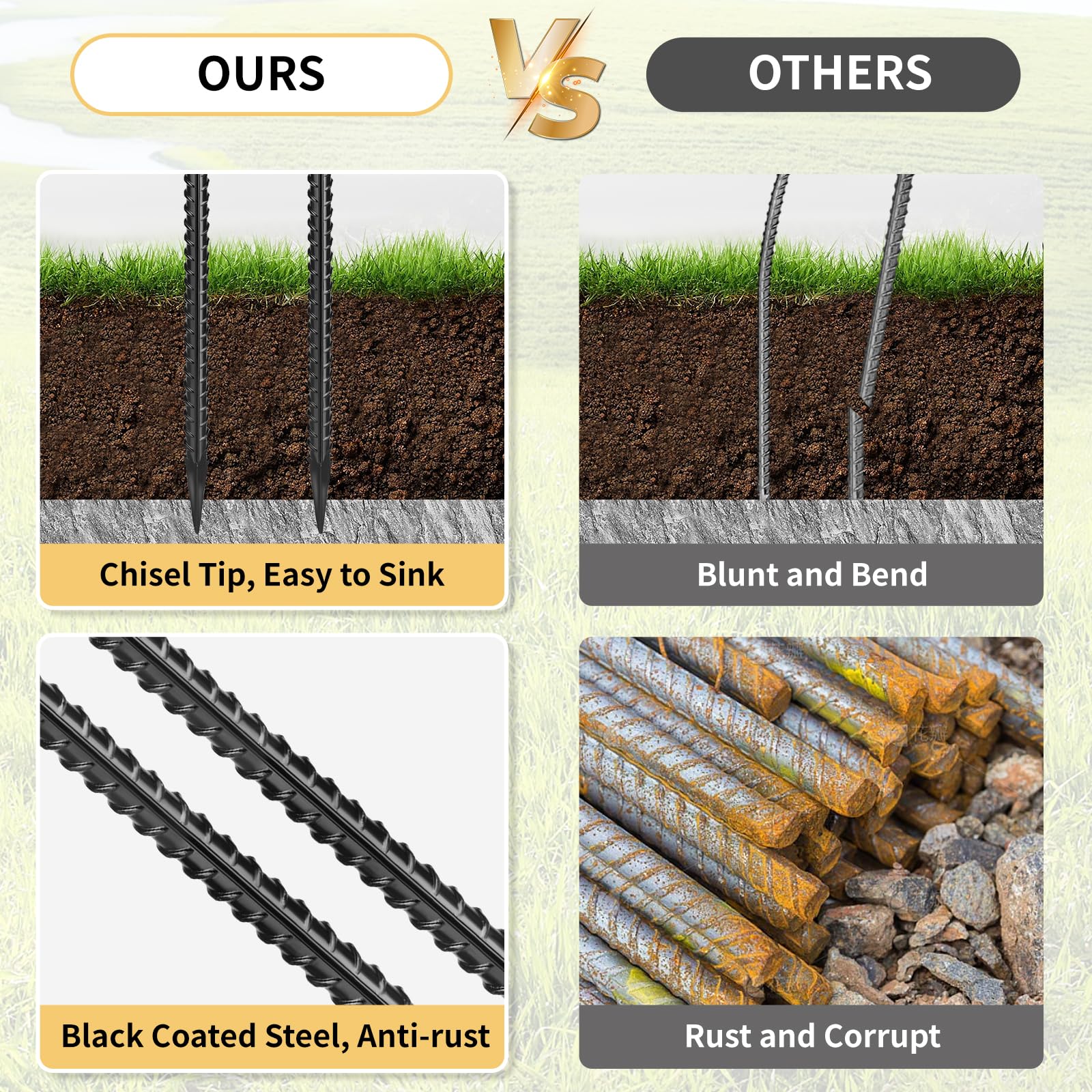 Besitu 24 Inches Straight Rebar Stakes(20-Pack), 1/2" Diameter Steel Metal Stakes for Garden with Chisel Point End Heavy Duty Ground Anchors for Landscape, Concrete Form, Camping & Trapping Black