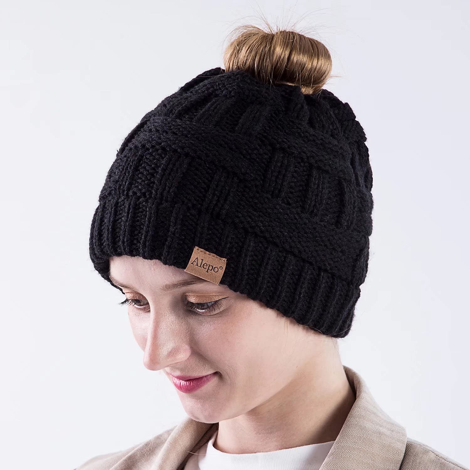 Alepo Womens High Messy Bun Beanie Hat with Ponytail Hole, Winter Warm Trendy Knit Ski Skull Cap (Mix Black&White)