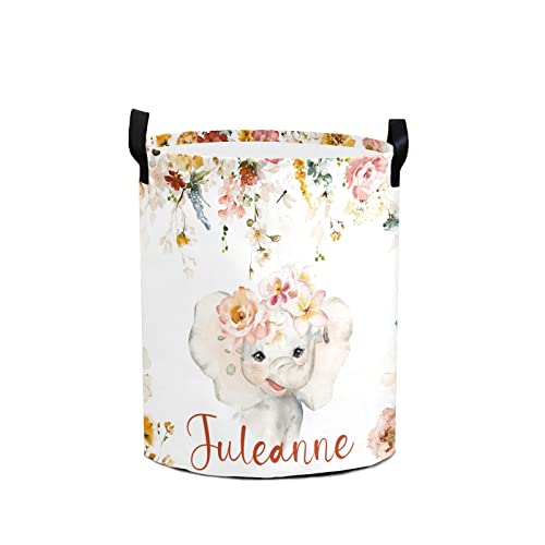 Personalized Baby Laundry Basket for Boys Girls Custom Laundry Hamper with Handle Collapsible Organizer Storage Bathroom Living Room Bedroom Decor (Baby elephant)