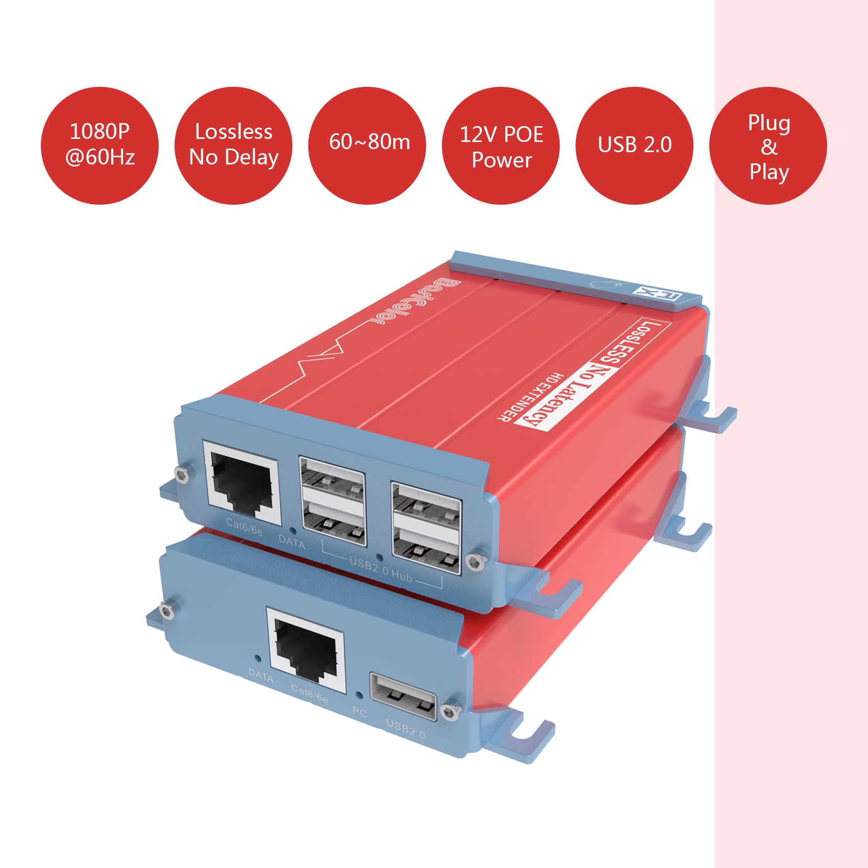 Basicolor HDMI USB Extender 4 USB2.0 Ports KVM Extender Over Cat6/Cat6e Up to 262Ft(80m), HD 1080P Video Transmit Lossless and Near Zero Latency, POC HDMI KVM Extender Plug&Play HDMI to RJ45