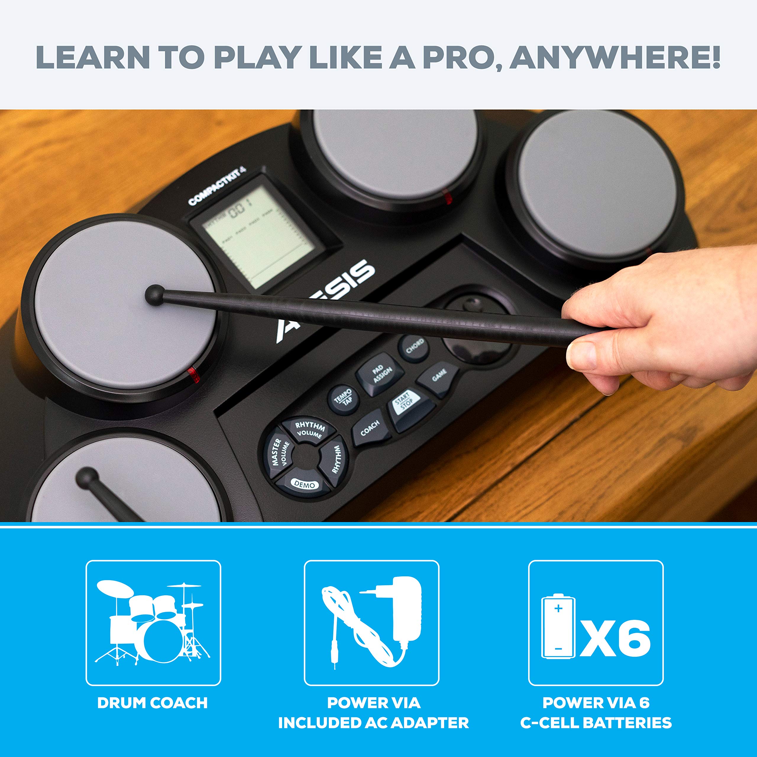 Alesis Compact Kit 4 - Portable 4-Pad Tabletop Electronic Drum Kit with Velocity-Sensitive Drum Pads + Numark HF125 - On-Ear Headphones with 6ft Cable