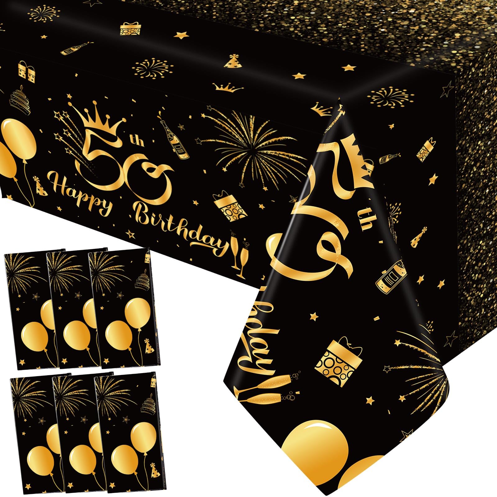 Remagr 6 Pack 50th Birthday Tablecloth Disposable Plastic Happy Birthday Table Cover Rectangular Black and Gold Table Cloths 50th Birthday Decorations Men Women, 54 x 108 Inch(50th)