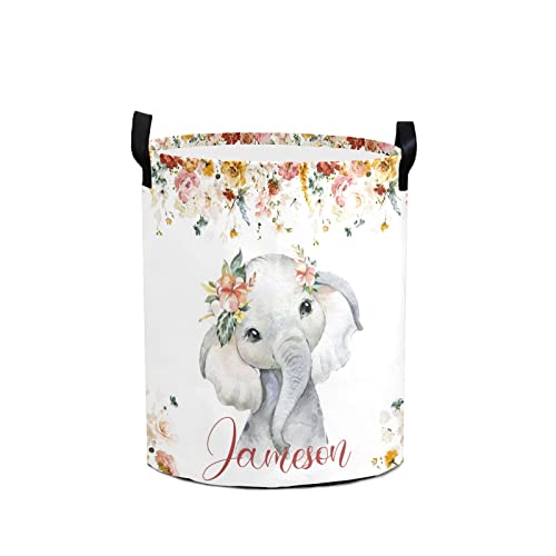 Personalized Laundry Basket for Boys Girls with Name Flowers Custom Baby Laundry Hamper with Handle Collapsible Clothes Storage Bathroom Living Room Bedroom Decor (Baby Elephant)