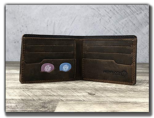 Anthology Gear Minimalist Bi-fold Leather Wallet - with Guitar Pick Holder Full Grain Leather (Whiskey Brown)