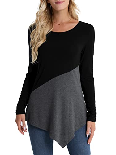 DJT Women's Long Sleeve Tunic Shirts Scoop Neck Hanky Hem Color Block Stretch Casual Fall T Shirt Tops XL Black Heather Grey