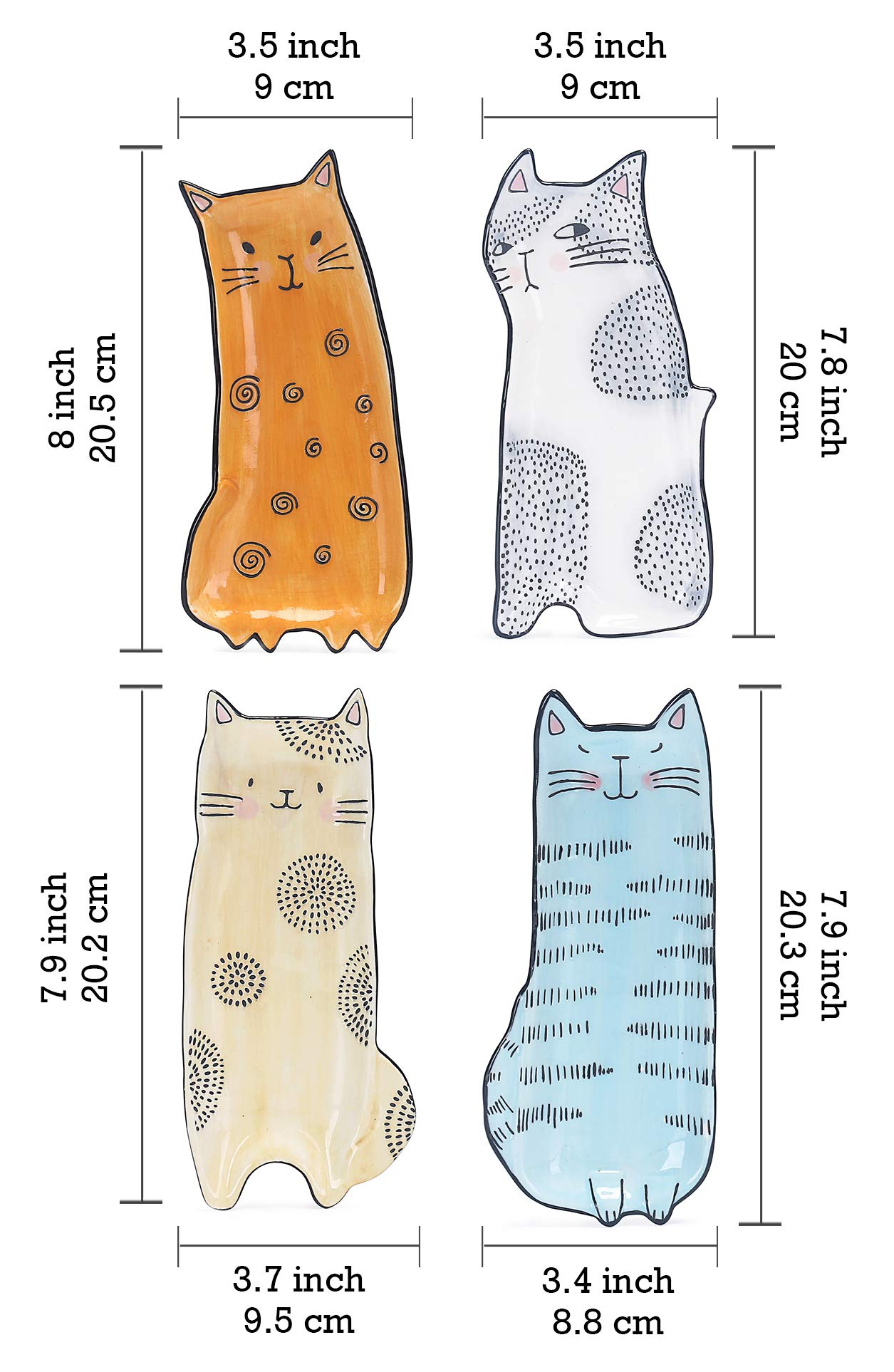 Bico Cartoon Cat Handcrafted Stoneware Ceramic 8 inch Appetizer Plates Set of 4, Assorted Color