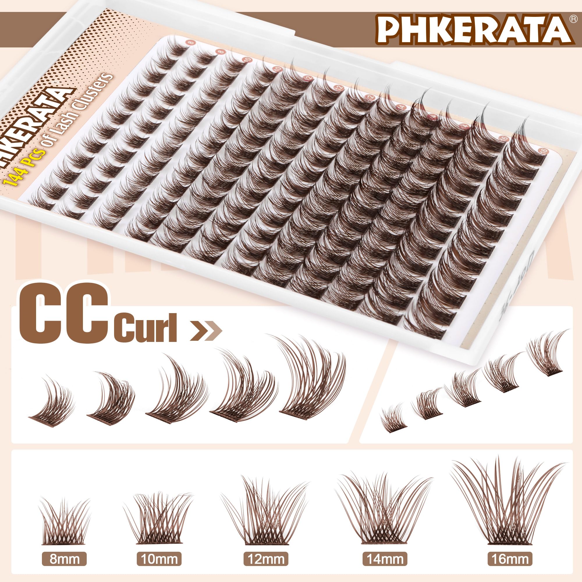 Brown Lash Clusters DIY Eyelash Extension Kit with Strong Hold Lash Bond and Seal Glue, Individual Lashes for Self Application by PHKERATA (0.07D, 8-16MM, 144Pcs)