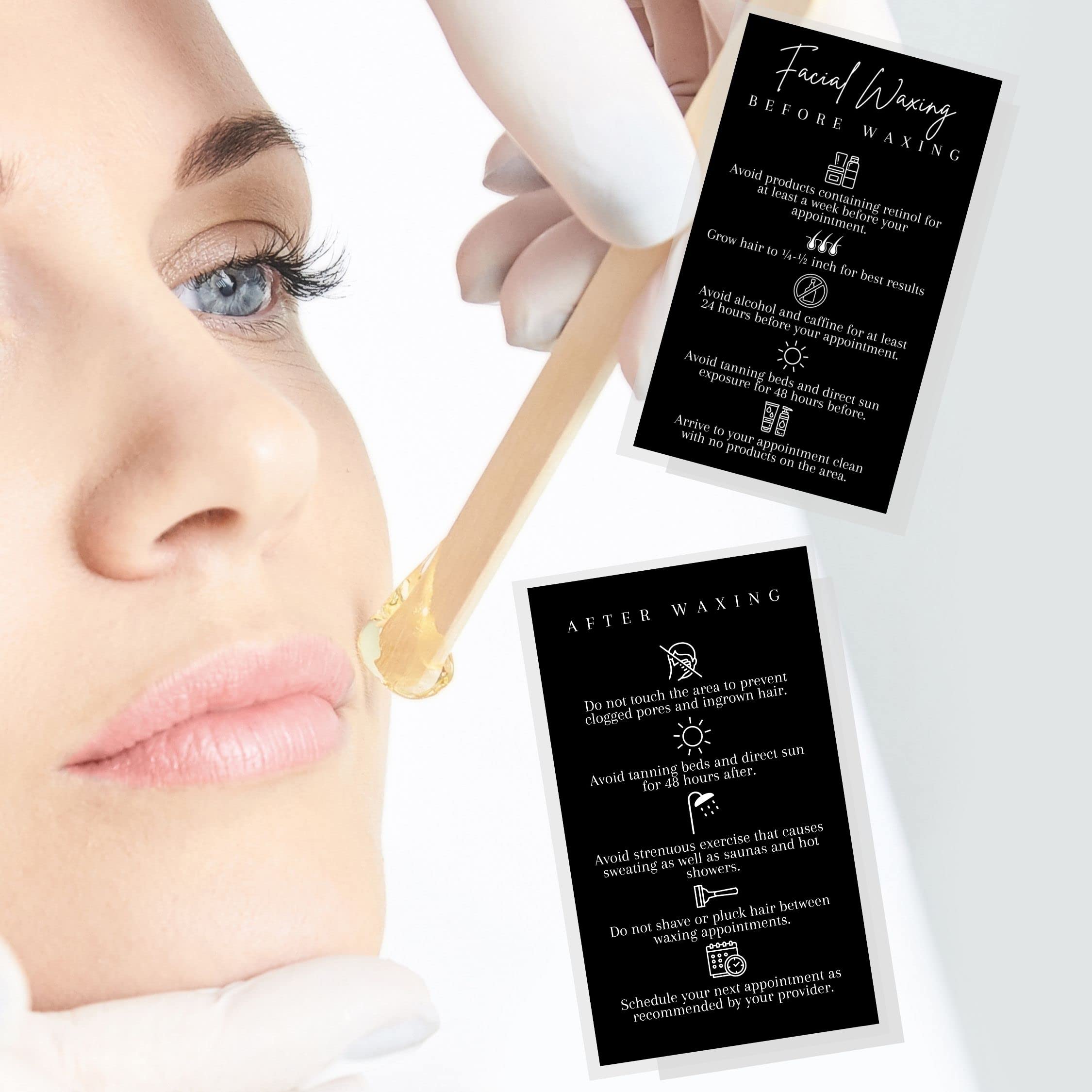 Facial Waxing Before & After Instruction Card | 50 Pack | 2x3.5β in Business Card | Waxing Supplies | Facial Waxing Instructions Cards for Estheticians Using Hard or Soft Wax | Black and White Design